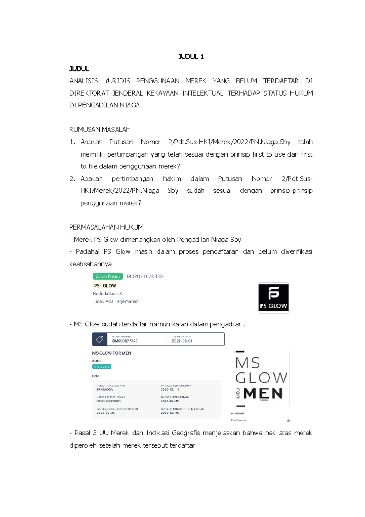 Judul 1 Hukum Perbis - asdas - JUDUL 1 JUDUL ANALISIS YURIDIS PENGGUNAAN MEREK YANG BELUM ...