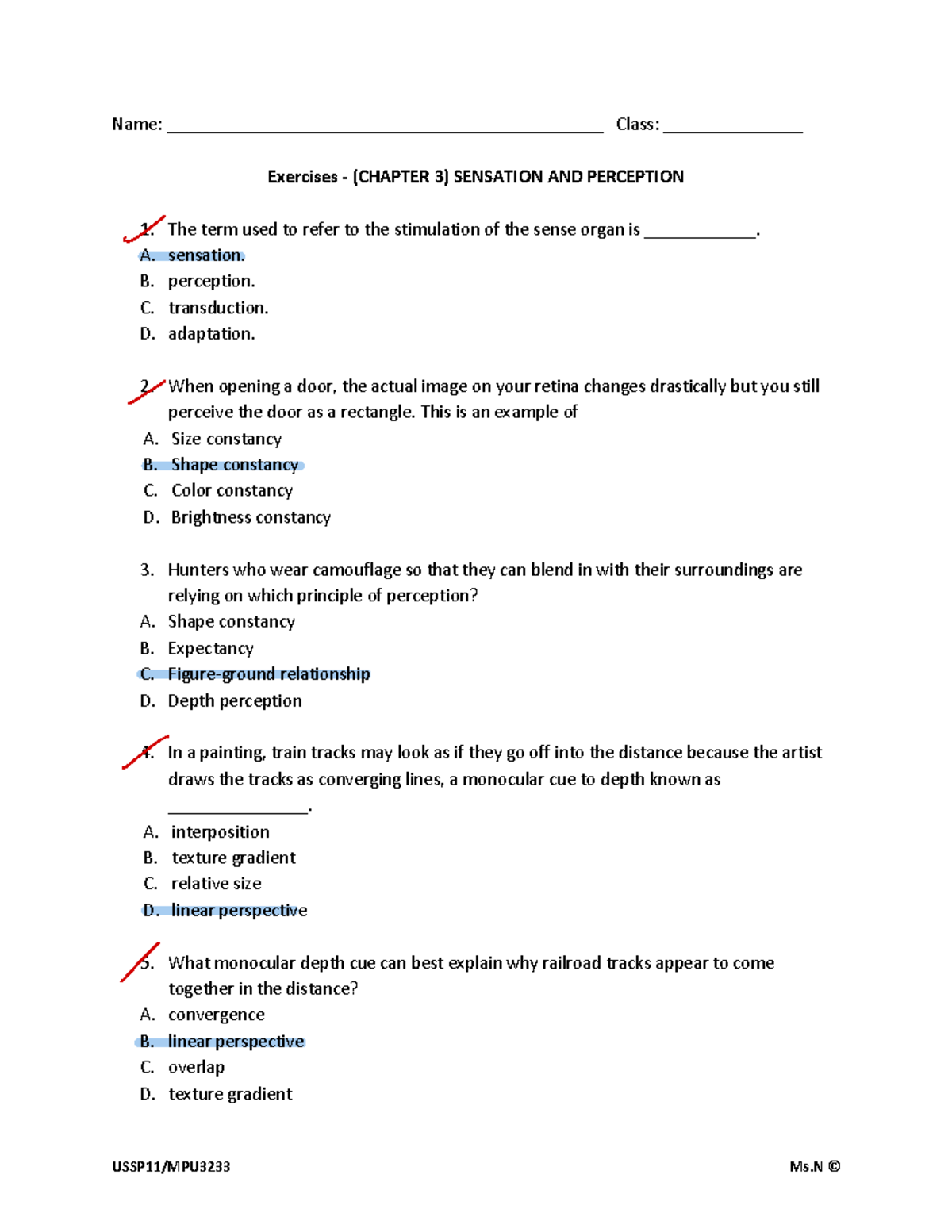Exercise Sensation Perception-2 - Name ...