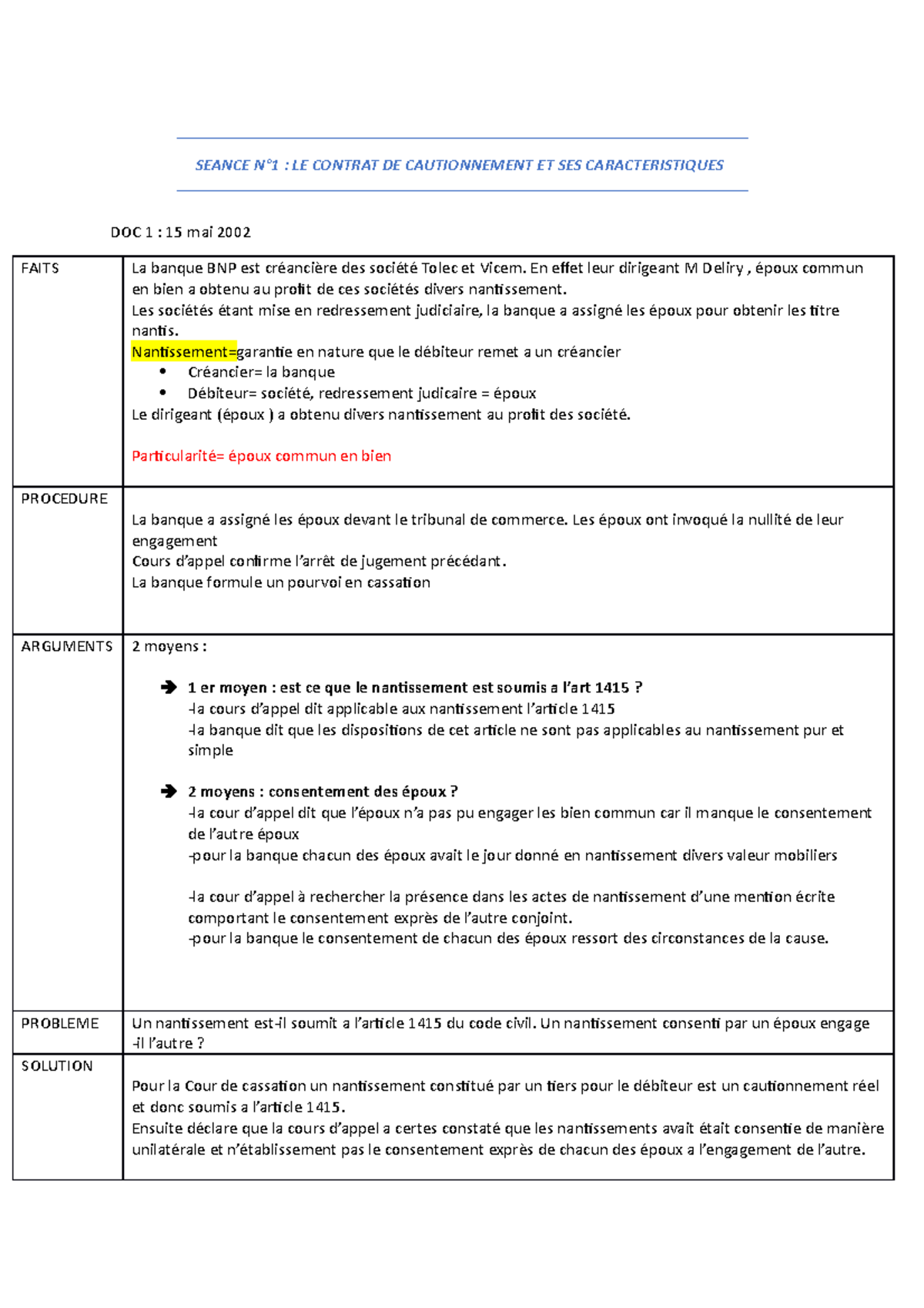 TD 1 contrat de cautionnement - SEANCE N°1 : LE CONTRAT DE ...