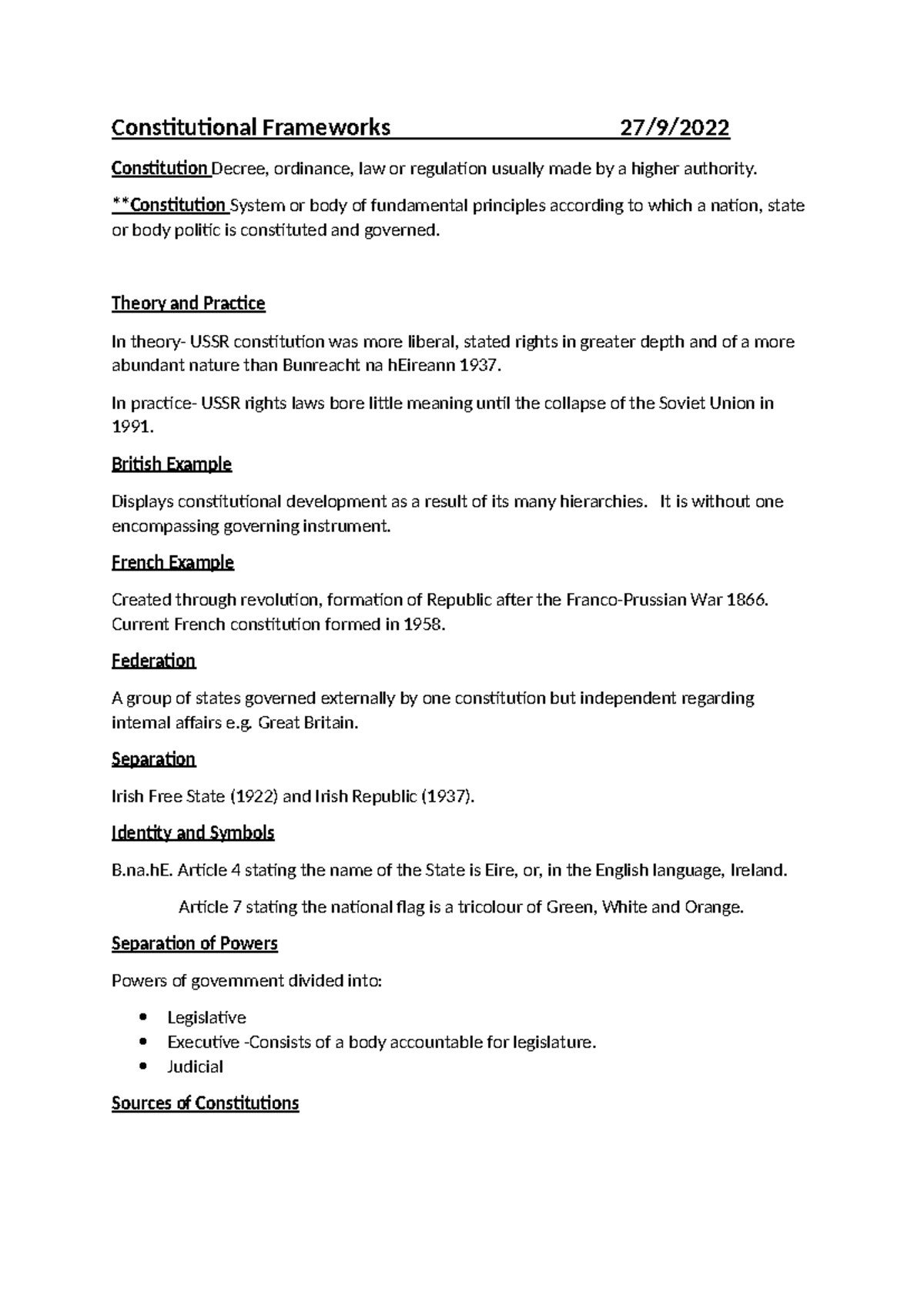Constitutional 1 - Based on lectures 1-3 - Constitutional Frameworks 27/9/ Constitution Decree ...