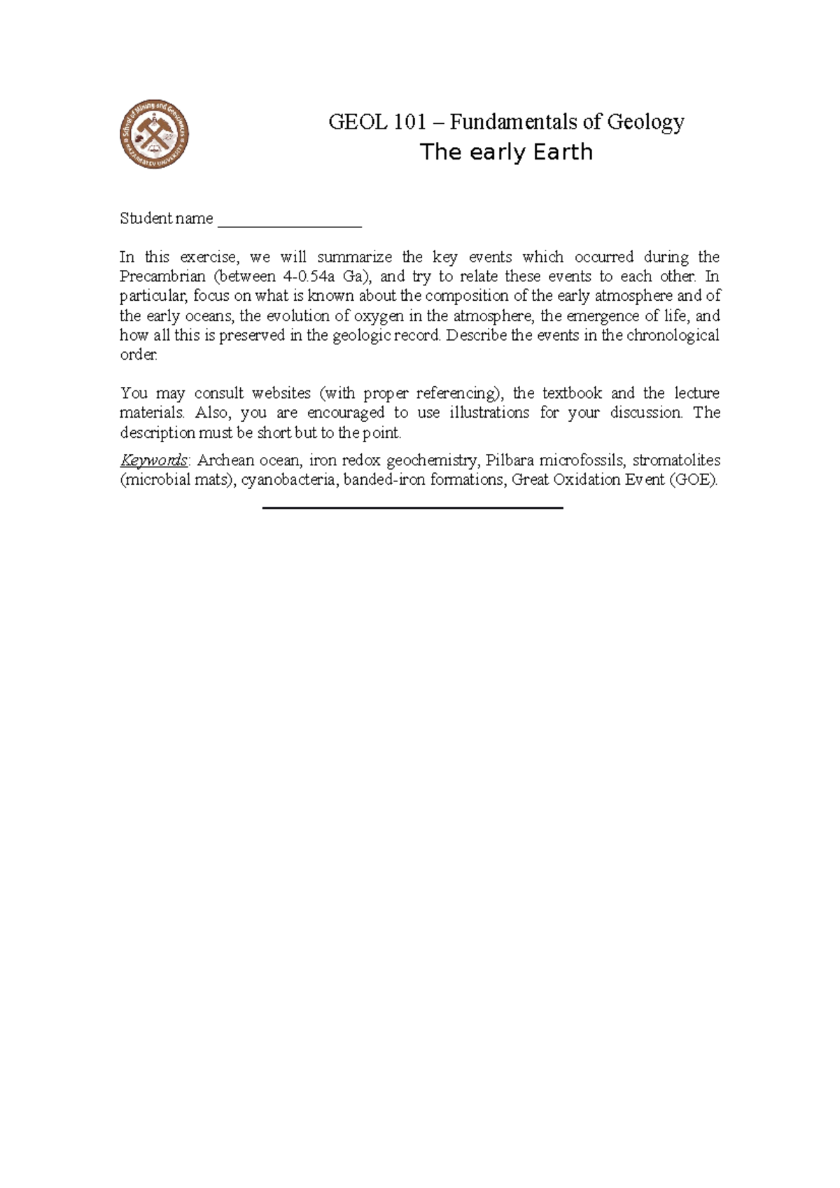 GEOL 101 - Laboratory 2 The early Earth - GEOL 101 – Fundamentals of ...