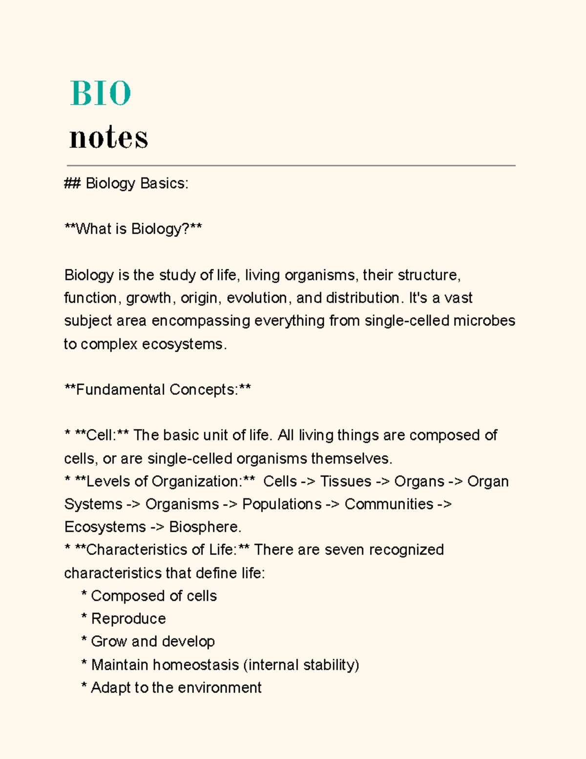 Biology Class Notes - BIO notes ## Biology Basics: What is Biology ...
