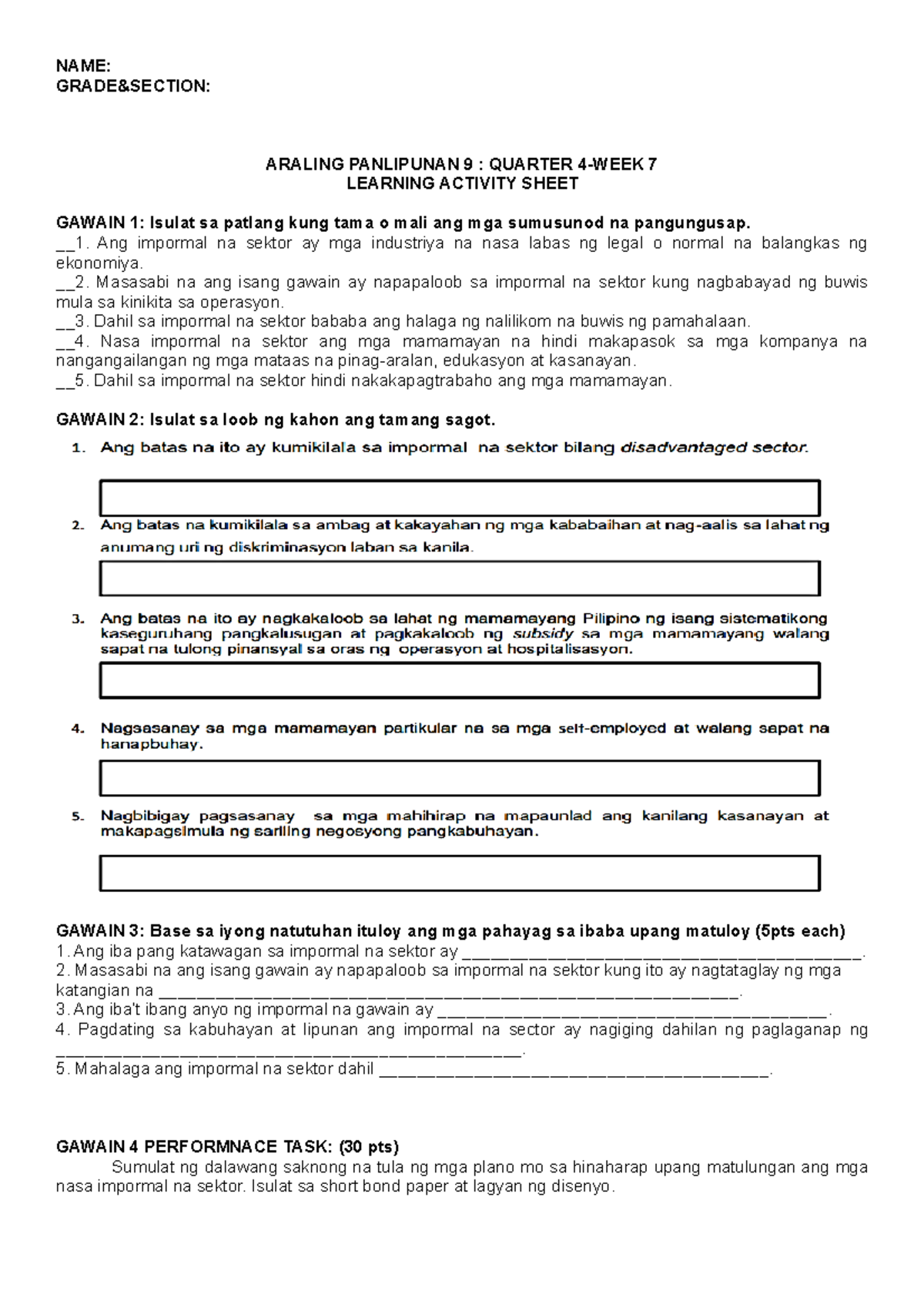 LAS week 7-8 - araling panlipunan - NAME: GRADE&SECTION: ARALING ...