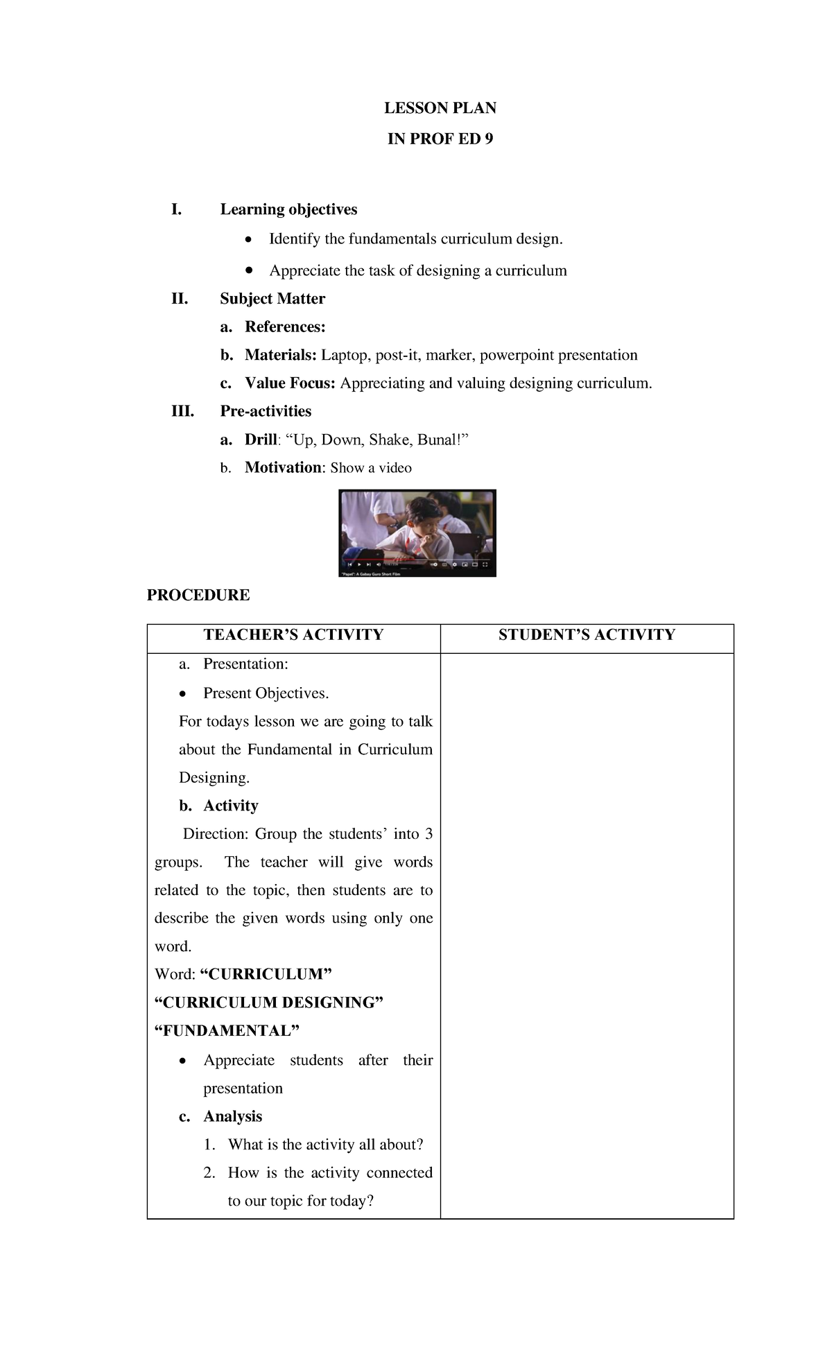 Lesson PLAN prof 9 (sample) - LESSON PLAN IN PROF ED 9 I. Learning ...