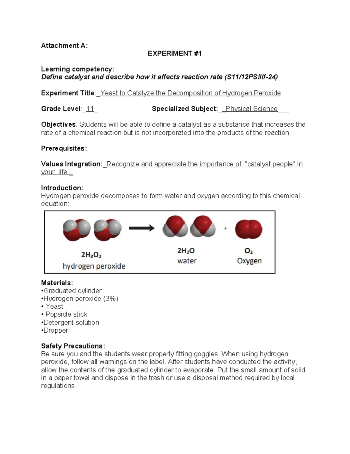 Experiment 1-2 - Summary Bachelor of Secondary Education - Attachment A ...