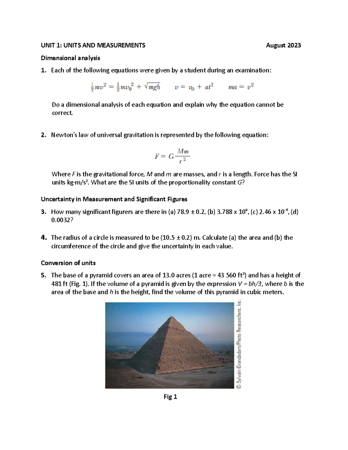 Worksheet-unit 1 - UNIT 1: UNITS AND MEASUREMENTS August 2023 ...