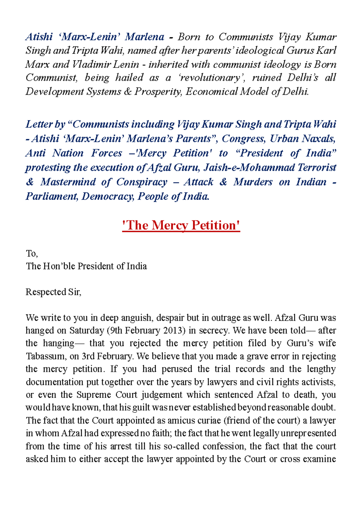 Atishi ‘Marx-Lenin’ Marlena - Letter by “Communists including Vijay ...