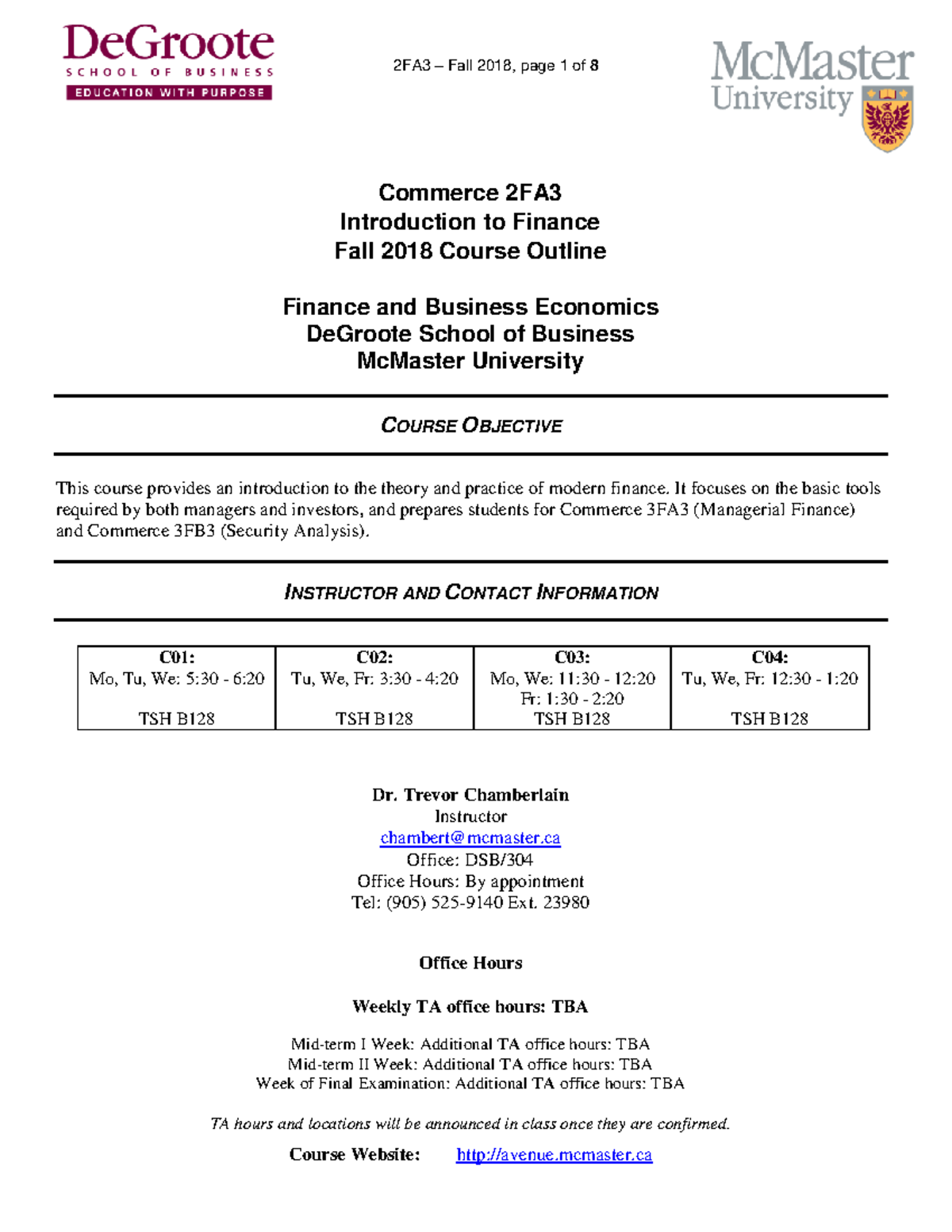 Commerce 2FA3 Course Outline 2018 Fall - Commerce 2FA Introduction to ...