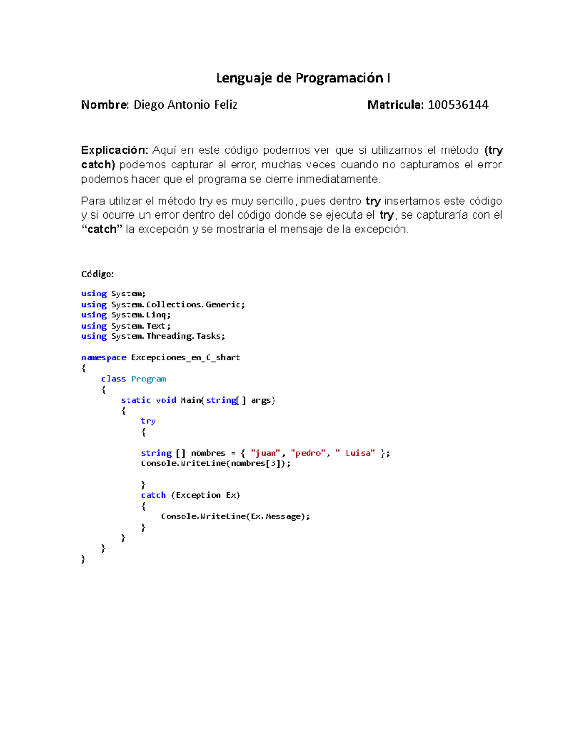 Lenguaje de Programación I, 3 - Lenguaje de Programación I Nombre ...