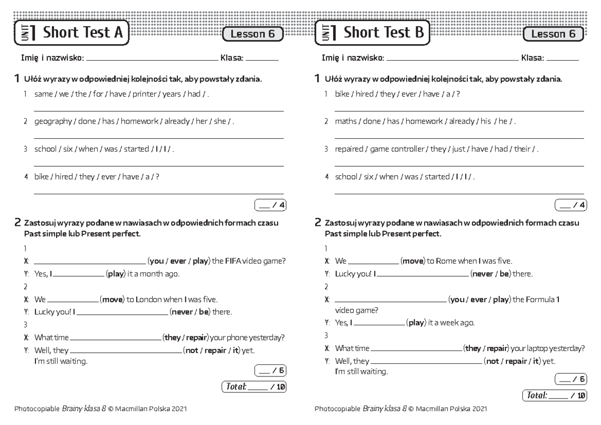 Short Tests Unit 1 Lesson 6 - UNIT 1 Short Test A UNIT 1 Short Test B ...
