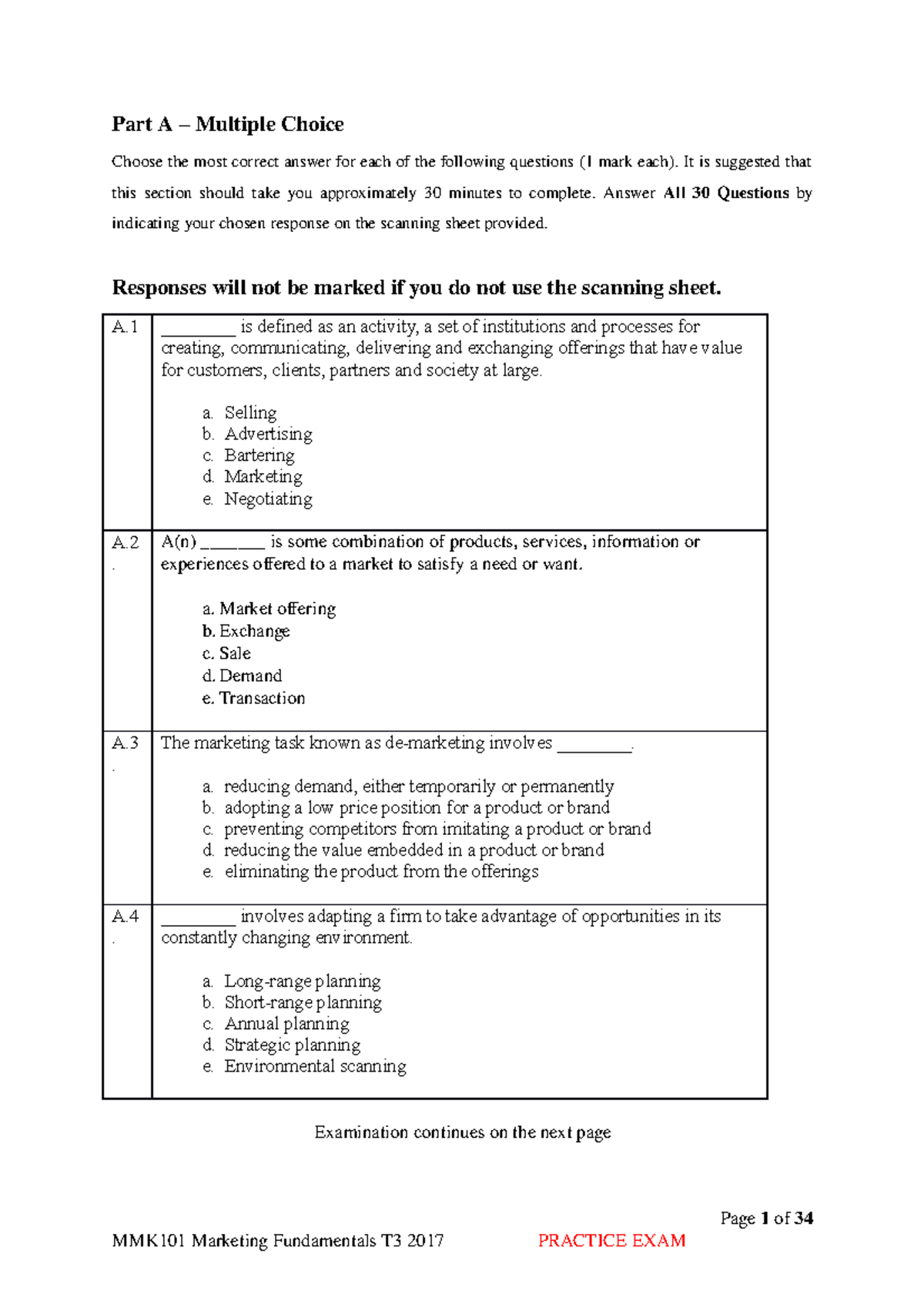 Practice Exam 2017, questions and answers - Part A – Multiple Choice ...