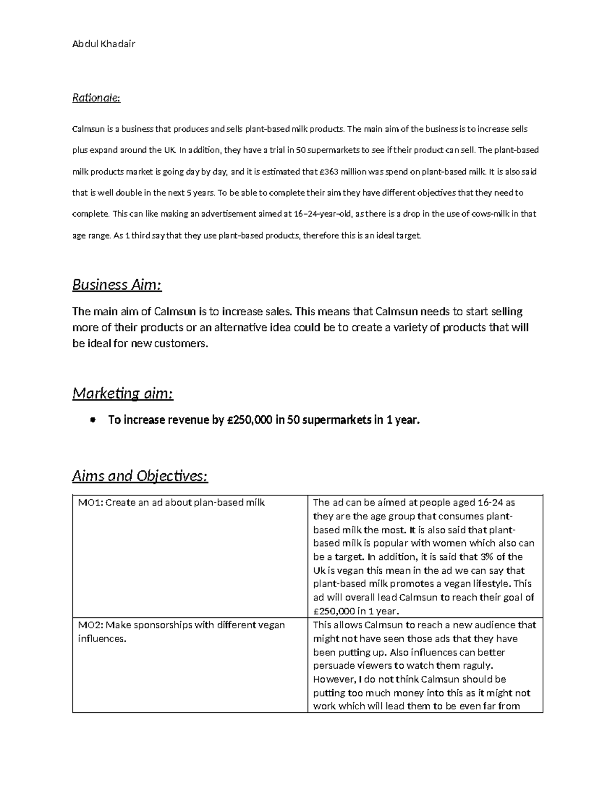 Plant-based milk 1 - homework - Rationale: Calmsun is a business that ...