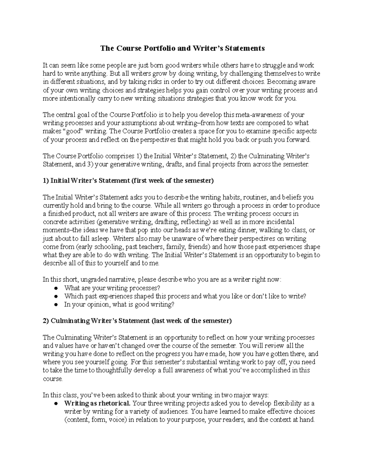 Writers Statement Assignment Sheet - The Course Portfolio and Writer’s ...