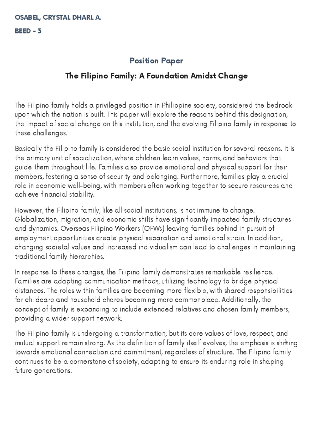 Position paper - OSABEL, CRYSTAL DHARL A. BEED - 3 Position Paper The ...
