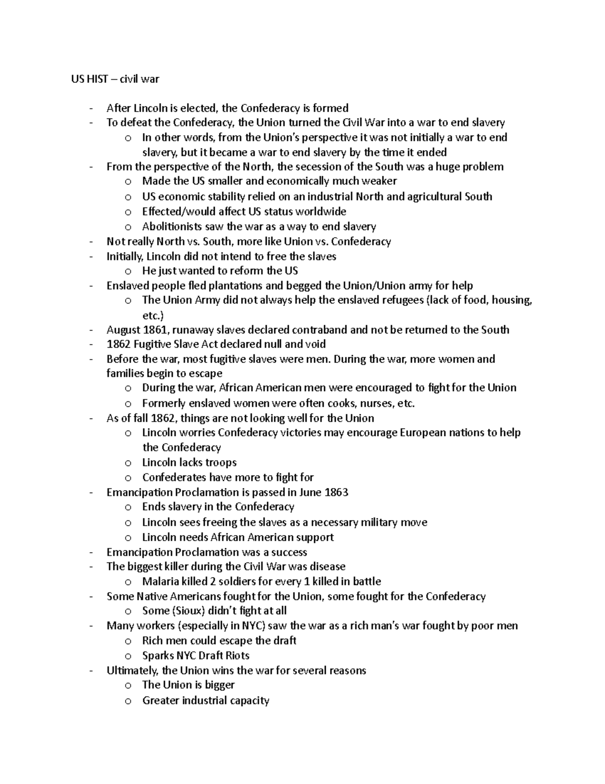 US HIST - civil war - US HIST – civil war After Lincoln is elected, the ...