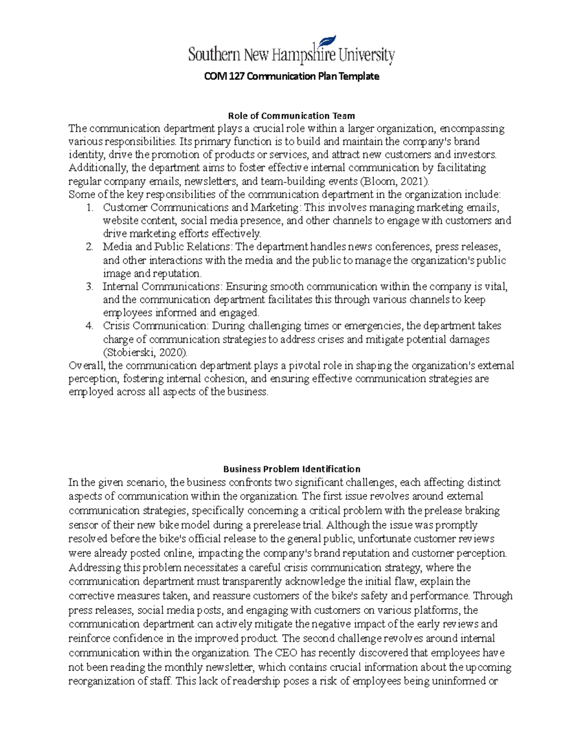 COM 127 Communication Plan Template - COM 127 Communication Plan ...