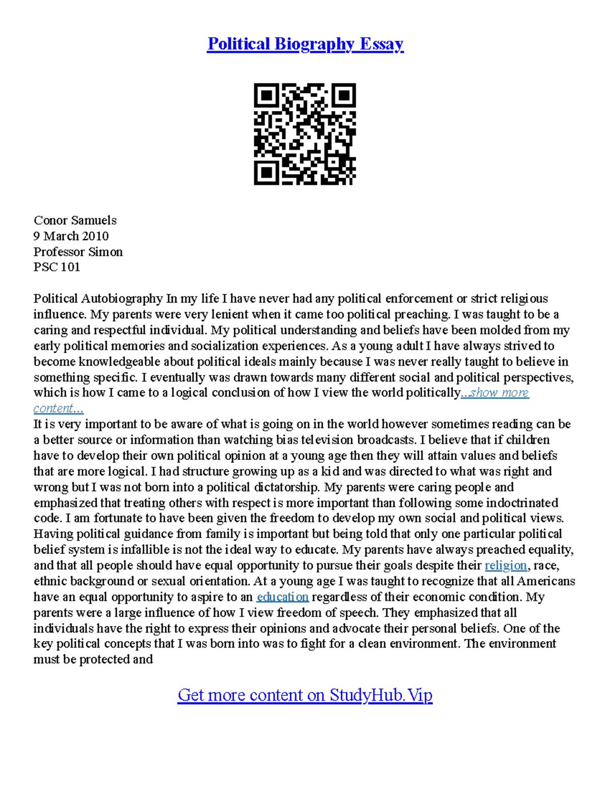 Example Of Biography Essay - Political Biography Essay Conor Samuels 9 ...