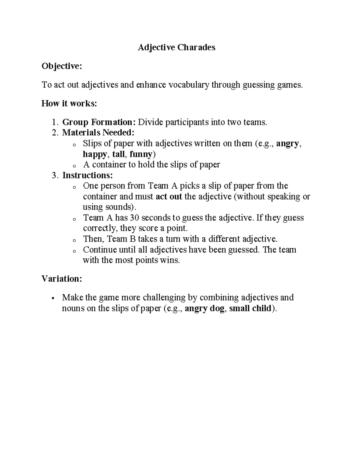 Adjective Energizer and Activities - Adjective Charades Objective: To ...