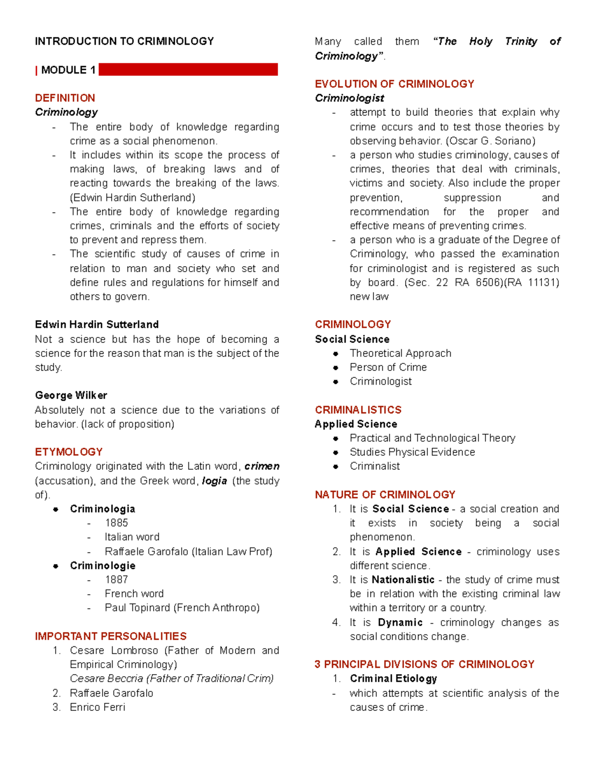 CRIM 101_Module 1 - INTRODUCTION TO CRIMINOLOGY | MODULE 1