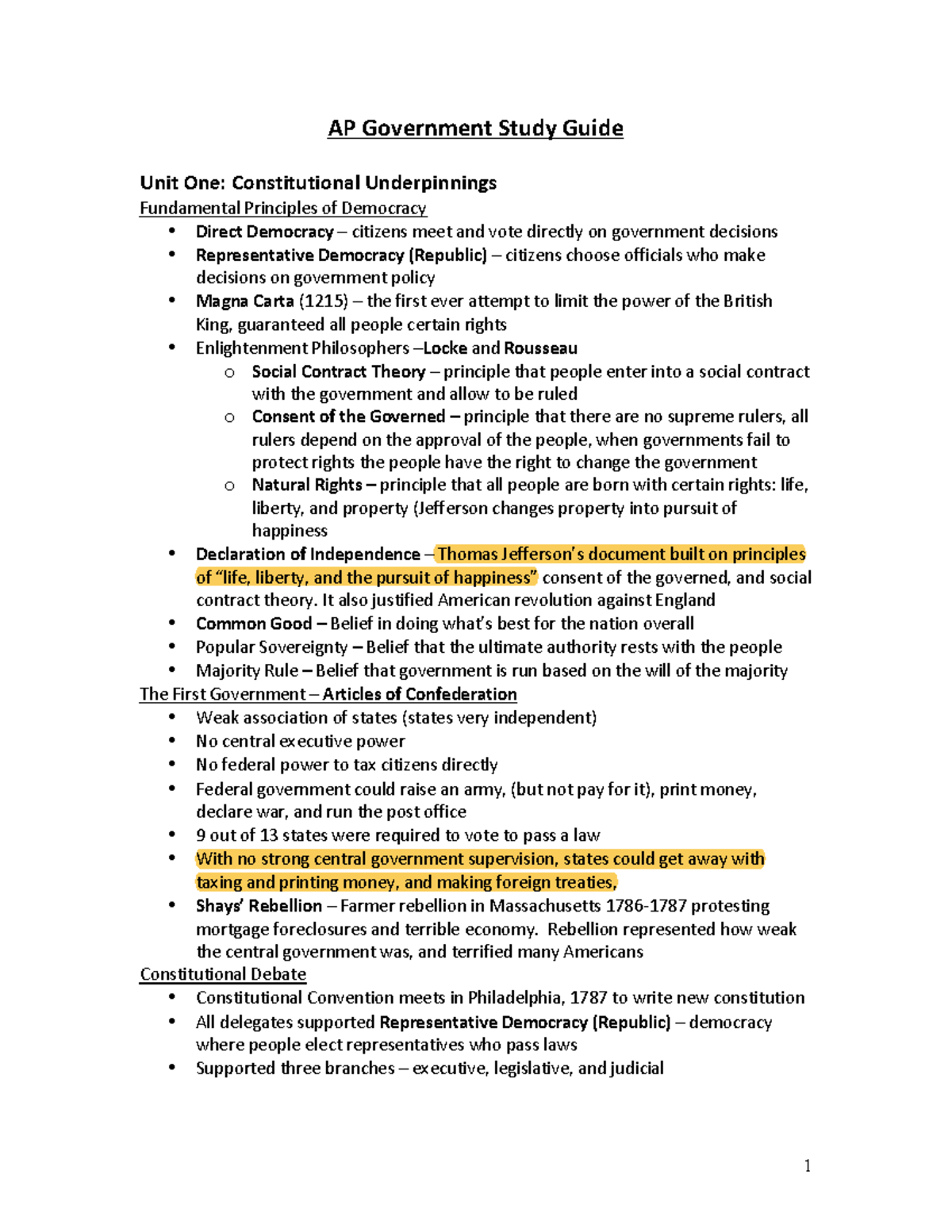 McKenna Huber-AP Gov. Study Guide - AP Government Study Guide Unit One ...