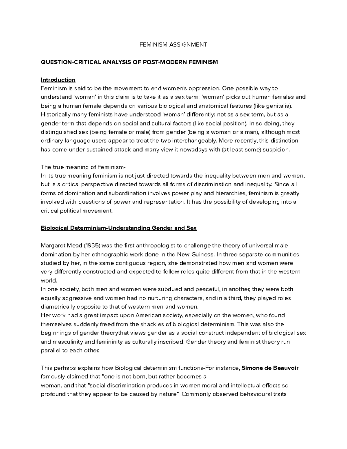 Feminism Assign SEM5 - FEMINISM ASSIGNMENT QUESTION-CRITICAL ANALYSIS ...