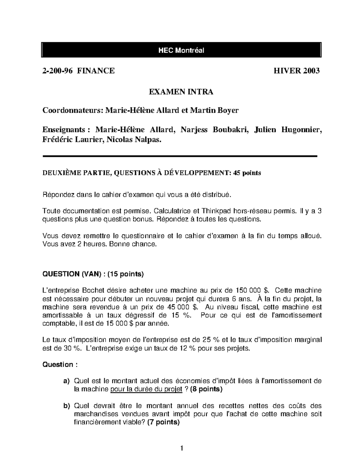 Examen avec solutions, hiver 2003 - 220096 - HEC - Studocu