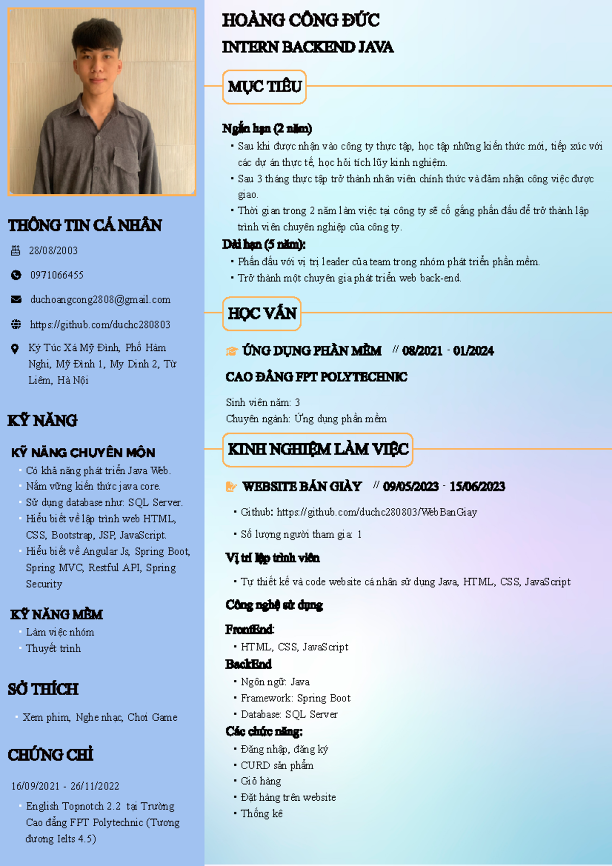 CV Hoàng Công Đức Intern Backend JAVA HN 5 - THÔNG TIN CÁ NHÂN 28/08 ...