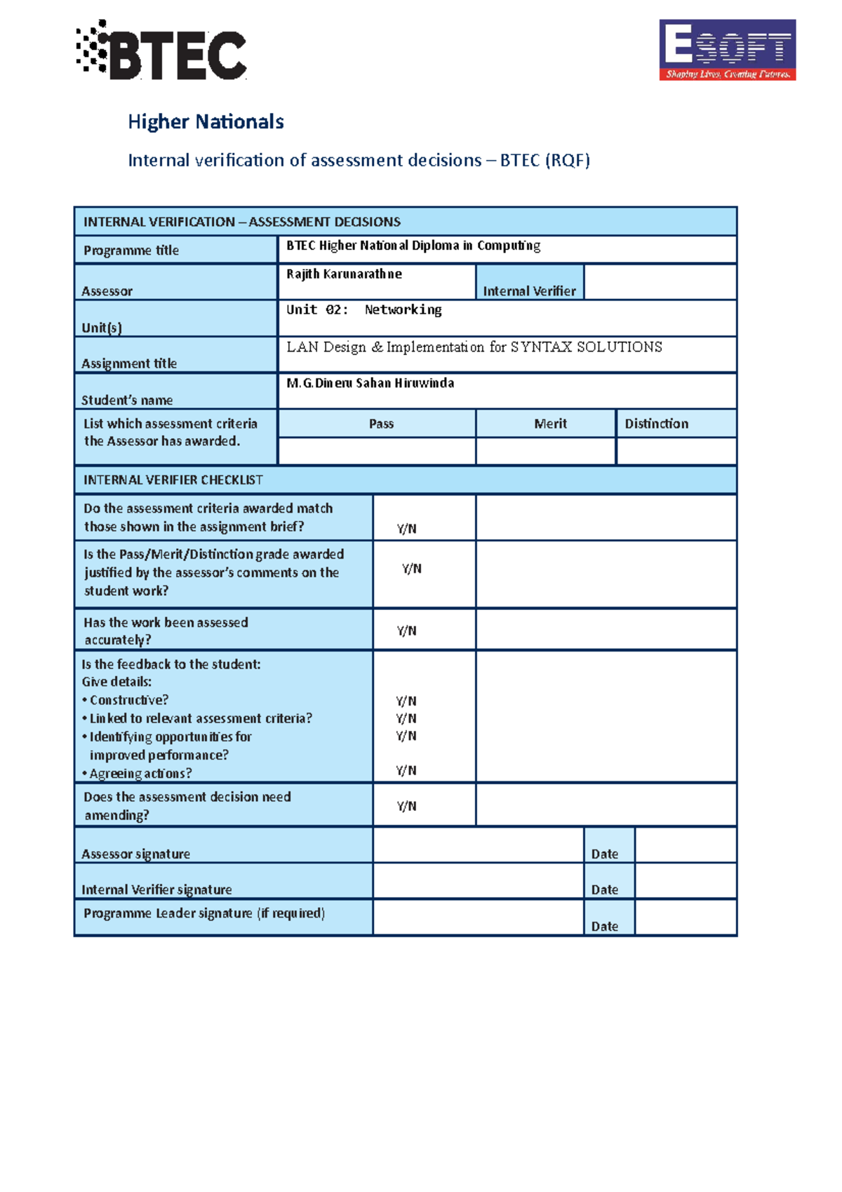 E163365 Networking Assignment Higher Nationals Internal Verification Of Assessment Decisions