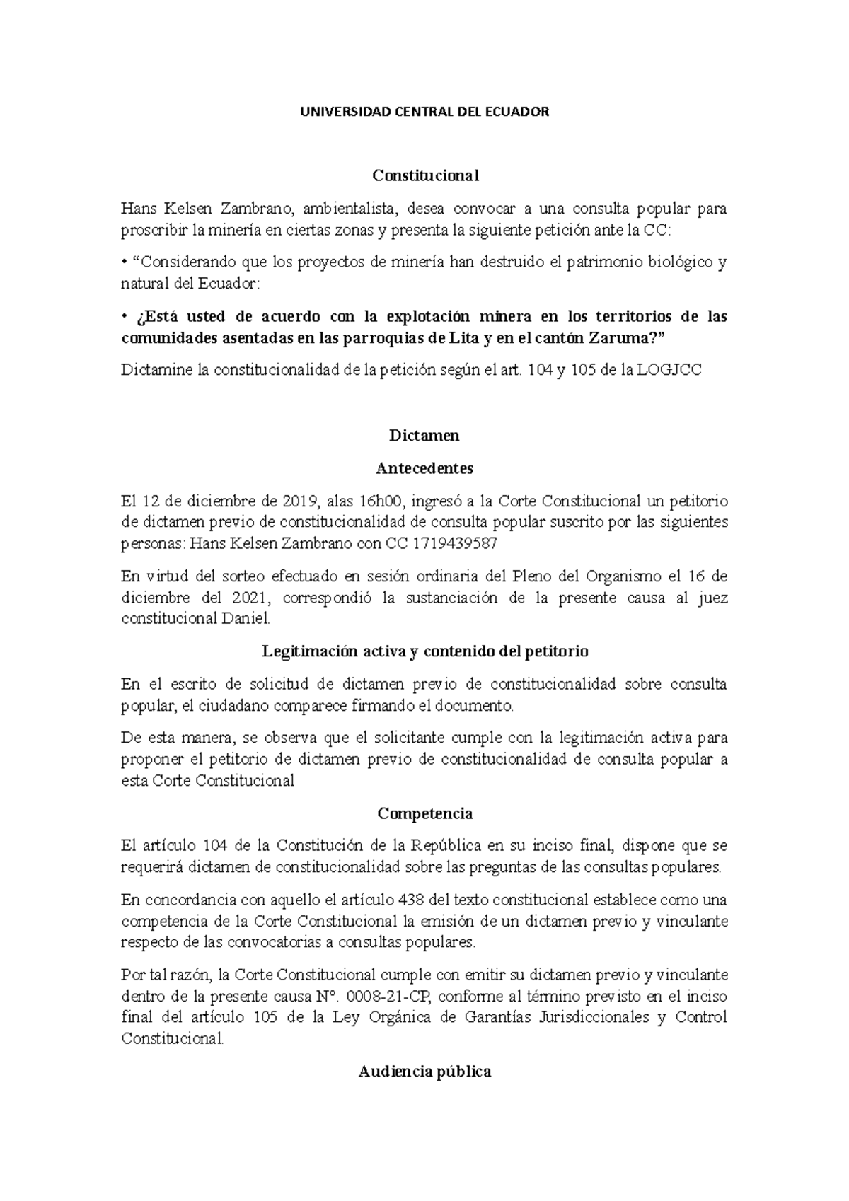 Ejemplo de un Dictamen por parte de la Corte - UNIVERSIDAD CENTRAL DEL ...