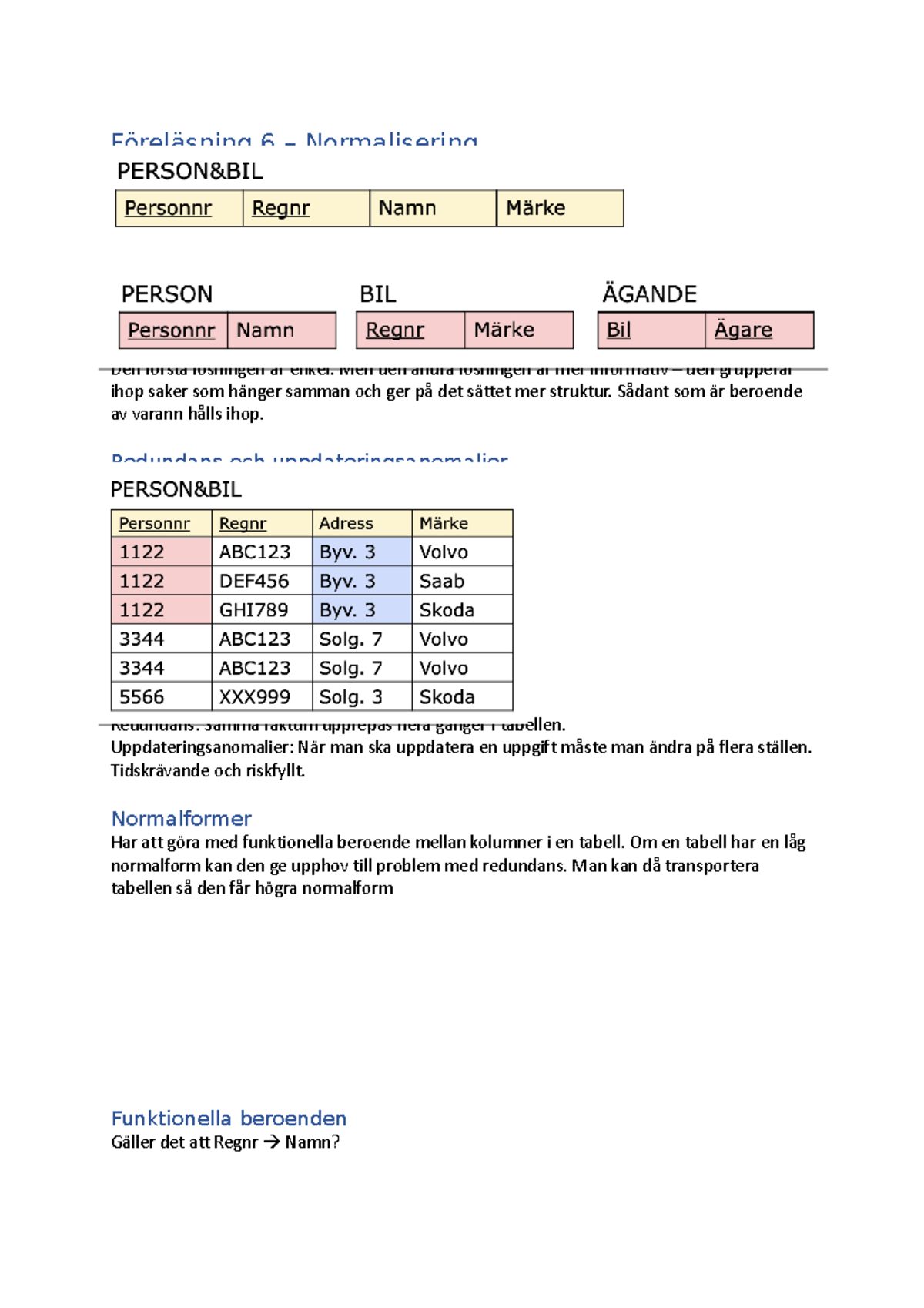 Föreläsning 6 - normalisering - Föreläsning 6 – Normalisering Den första lösningen är enkel. Men ...