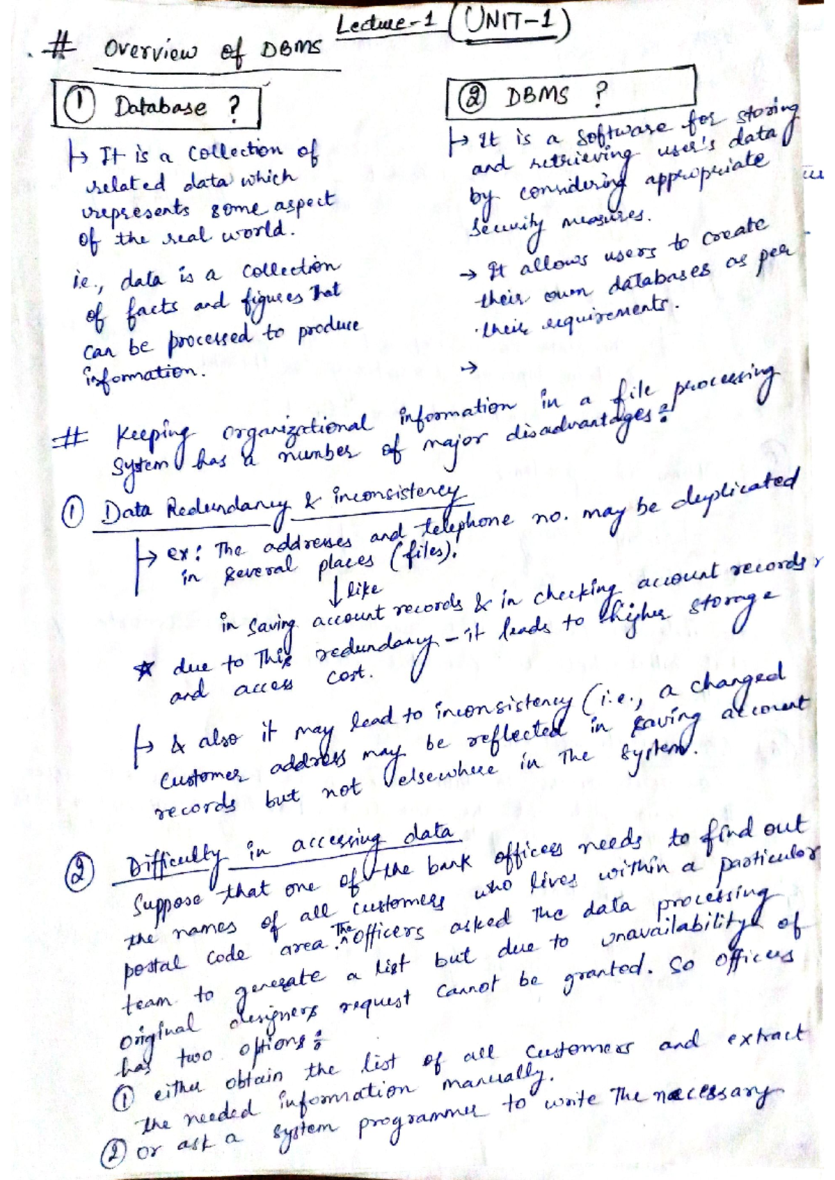 UNIT-1 DBMS - notes for college student - 1 overview of DBMS 1 Database ...
