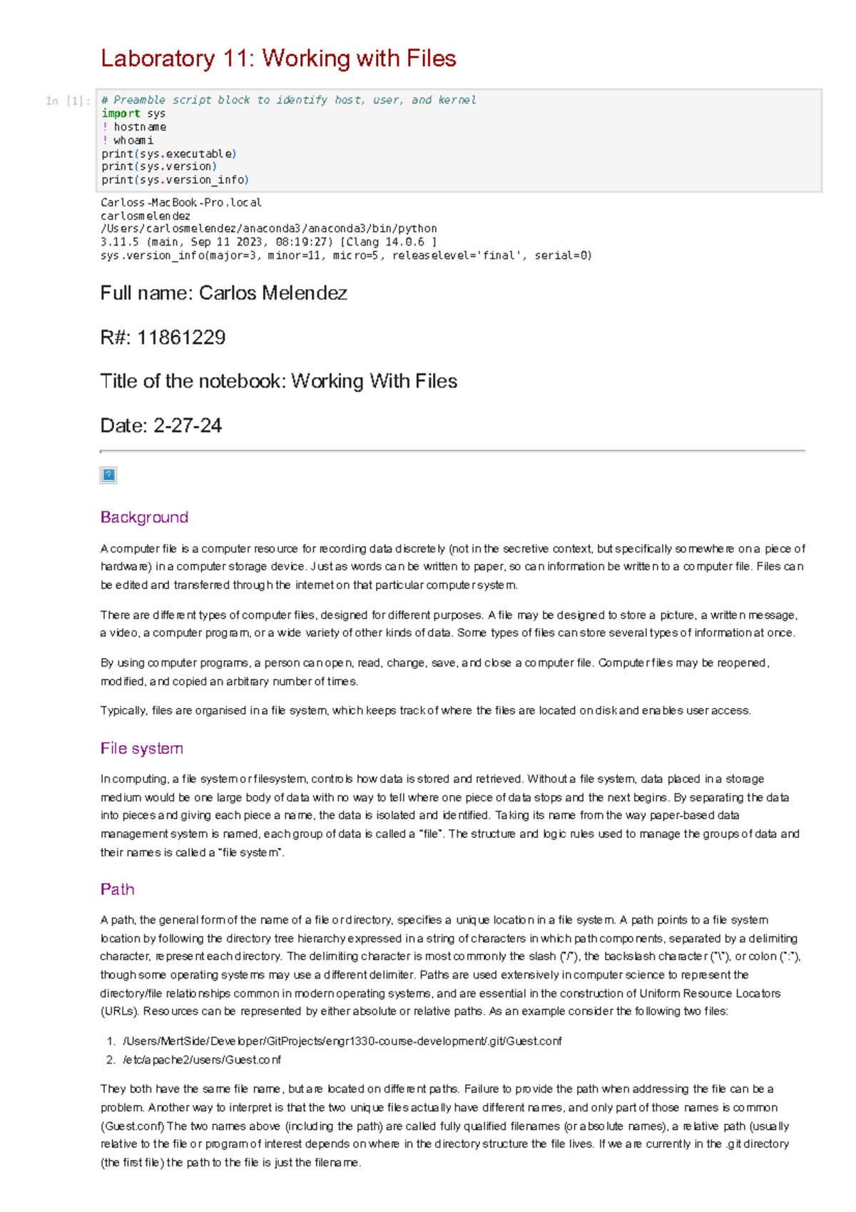 Lab11 - Lab 11 - Laboratory 11: Working with Files Carloss-MacBook-Pro carlosmelendez - Studocu