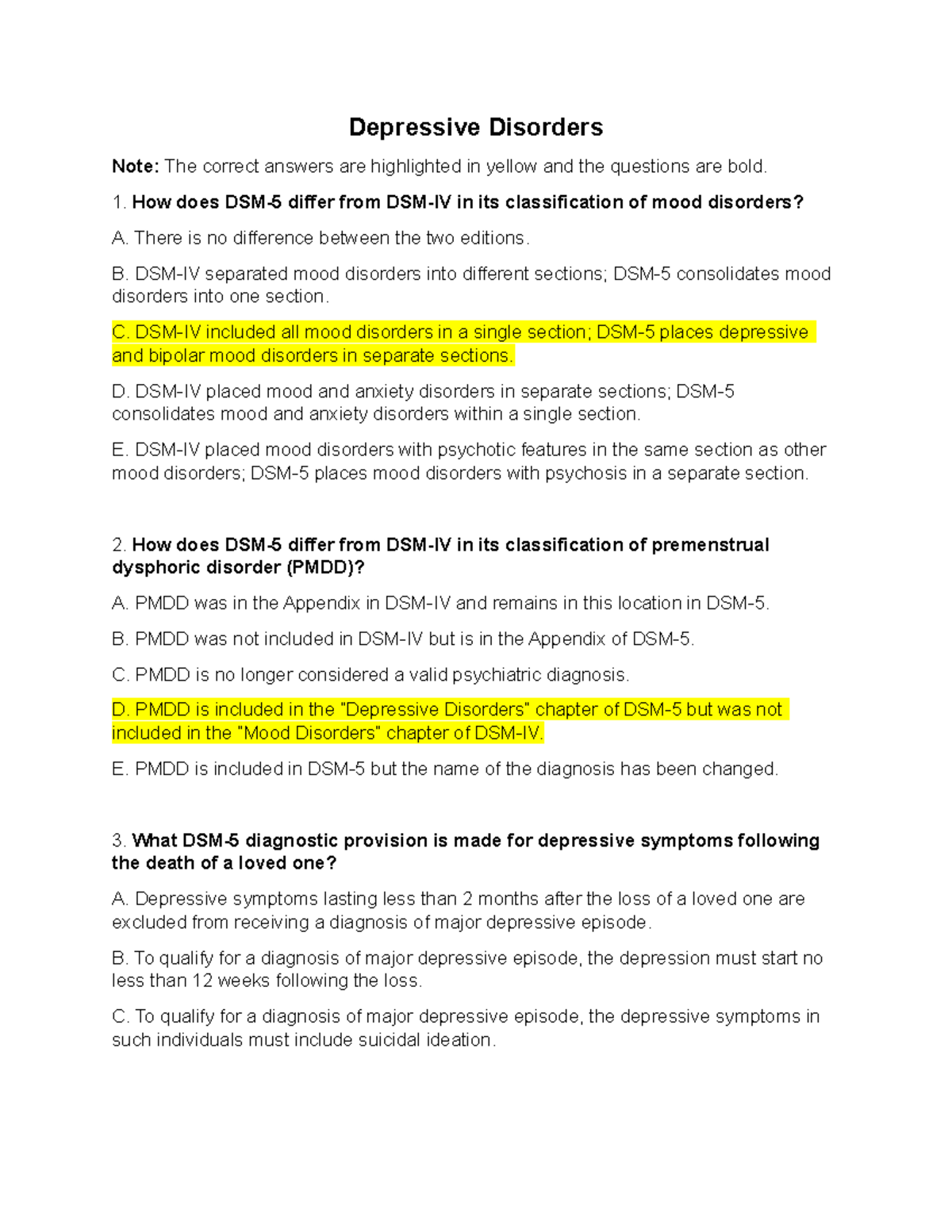 Test Questions in Depressive Disorders- DSM5 - Depressive Disorders ...