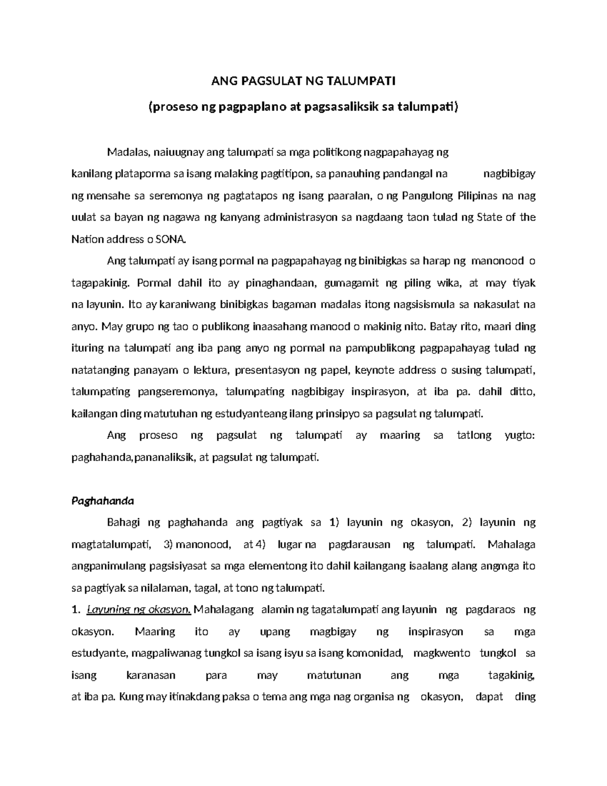 ANG Pagsulat NG Talumpati - ANG PAGSULAT NG TALUMPATI (proseso ng ...
