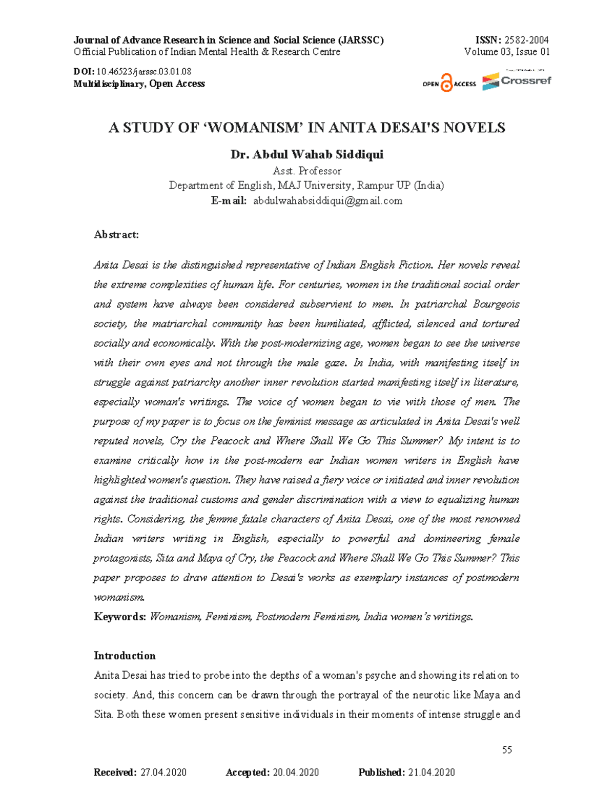 A Study OF ‘ Womanism’ IN Anita Desais Novels Dr Abdul Wahab - Official ...