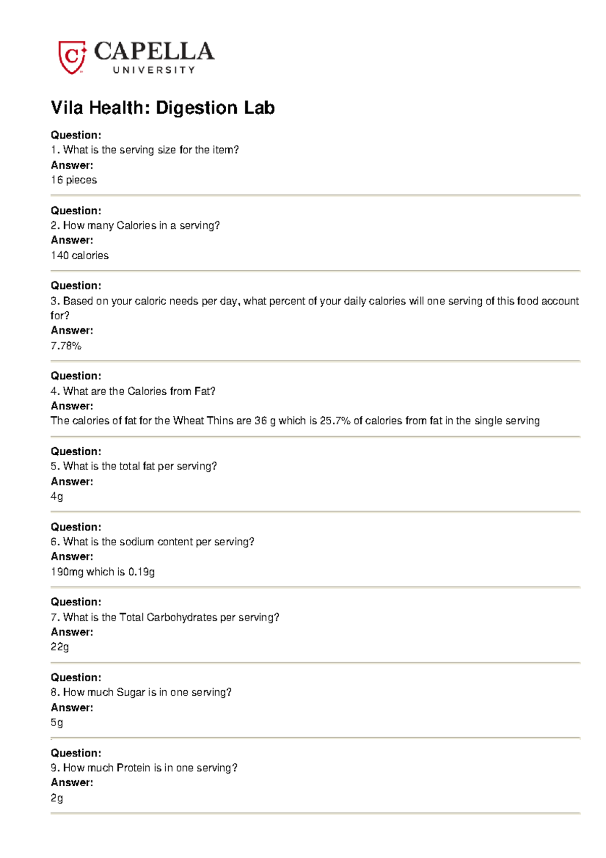 Digestion lab - bio fpx 1000 - Vila Health: Digestion Lab Question: 1. What is the serving size ...