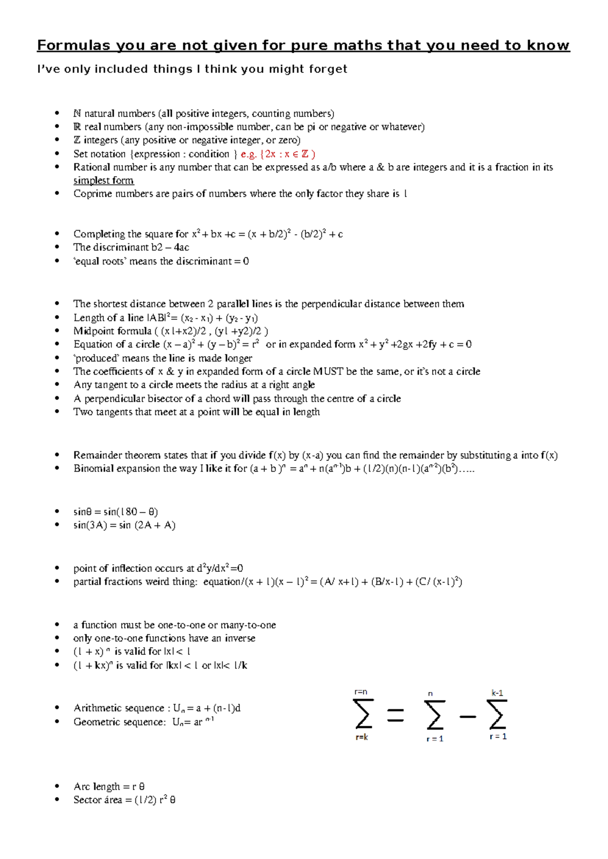 Formulas you are not given for pure maths that you need to know - {2x ...