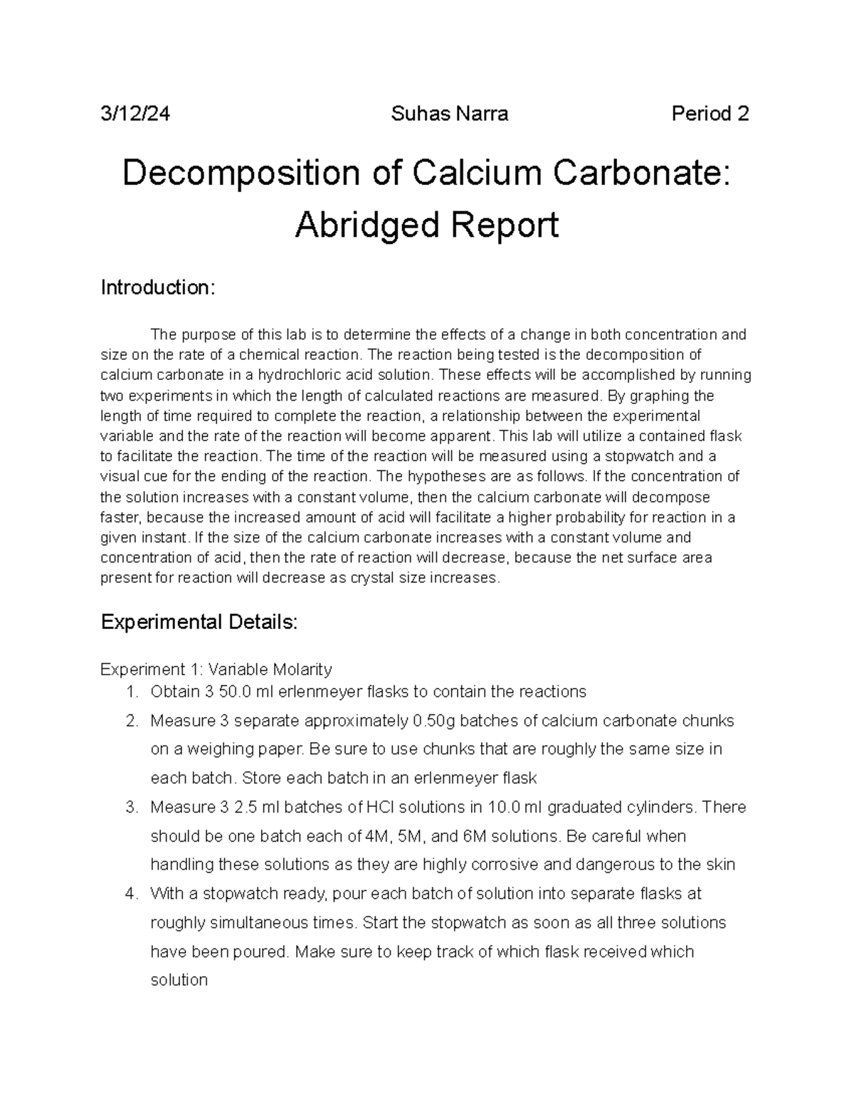 Decomposition of Calcium Carbonate Lab Report - 3/12/24 Suhas Narra ...