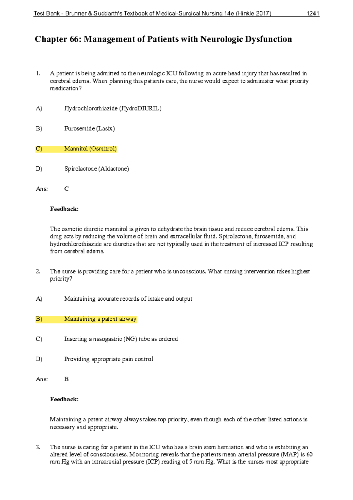 Chapter 63- Neurologic Dysfunction Testbank - Chapter 66: Management of ...