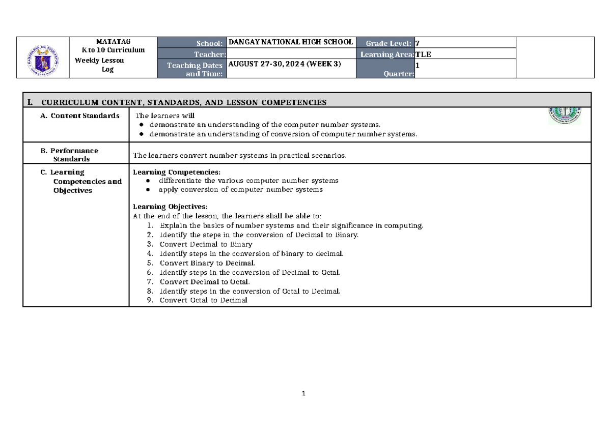 DLL Matatag TLE 7 Q1 W3 (1)-ICT ( August 27-30, 2024) - MATATAG K to 10 Curriculum Weekly Lesson ...