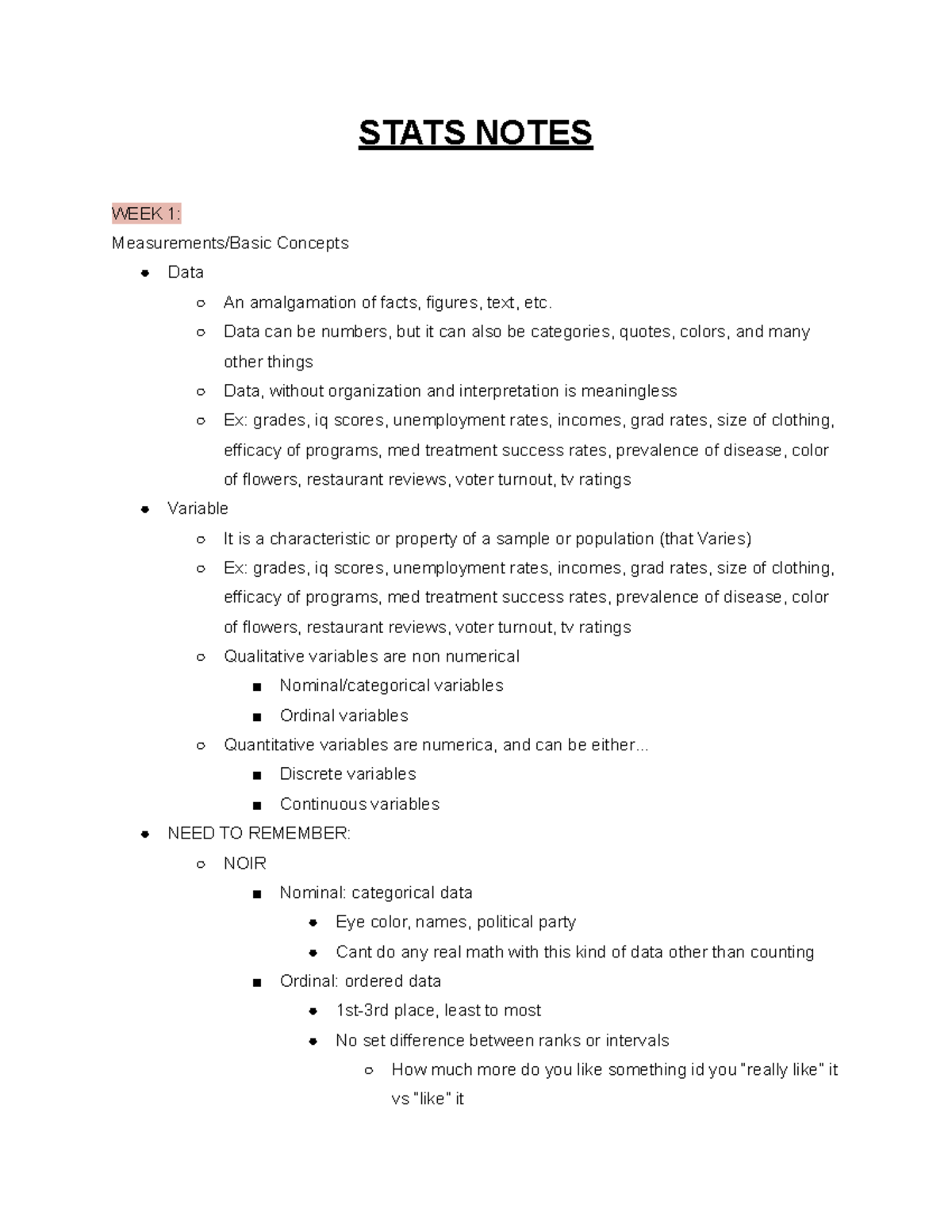 Practical Stats Notes - STATS NOTES WEEK 1: Measurements/Basic Concepts ...