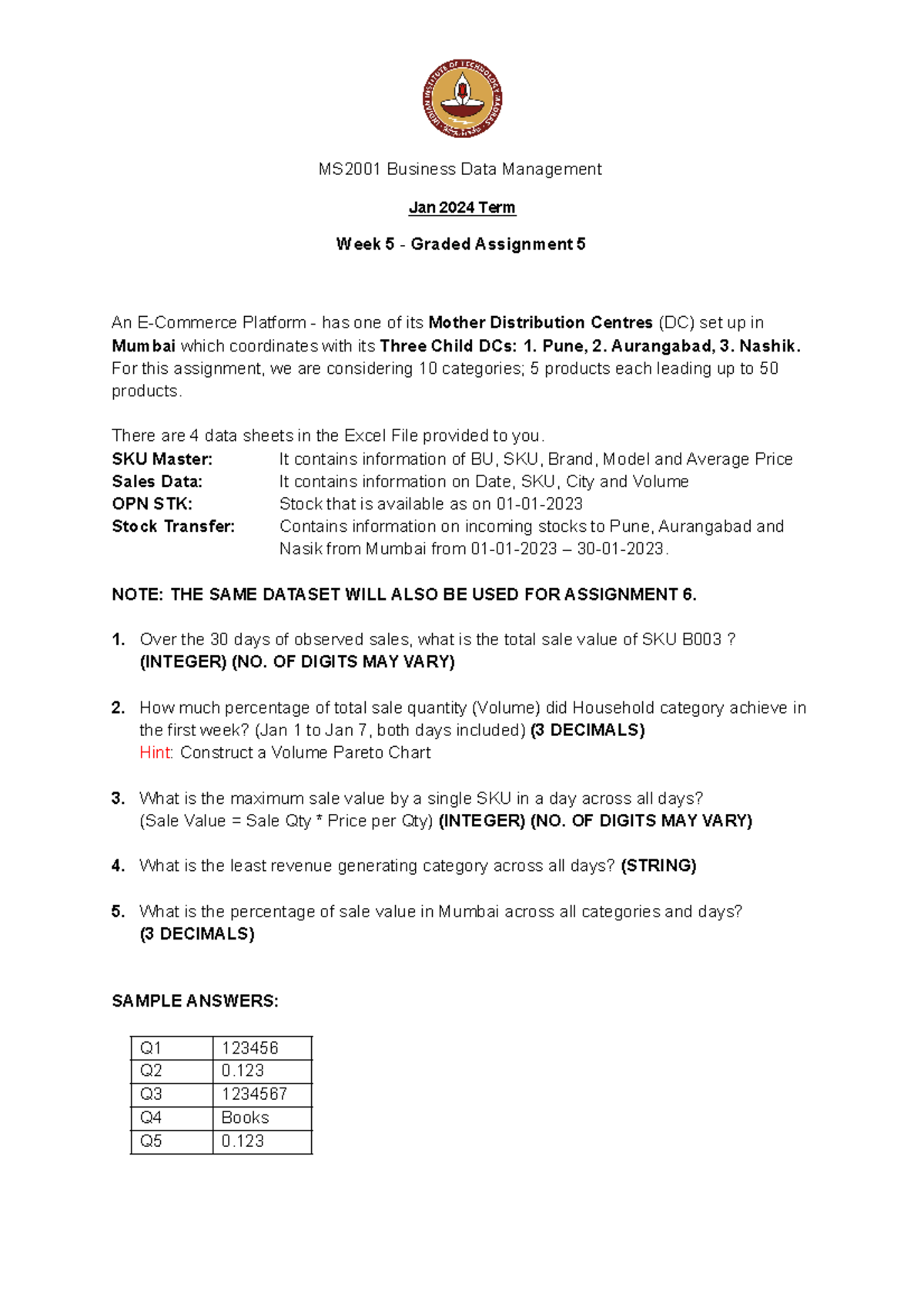 Week 5 Questions BDM - MS2001 Business Data Management Jan 2024 Term ...