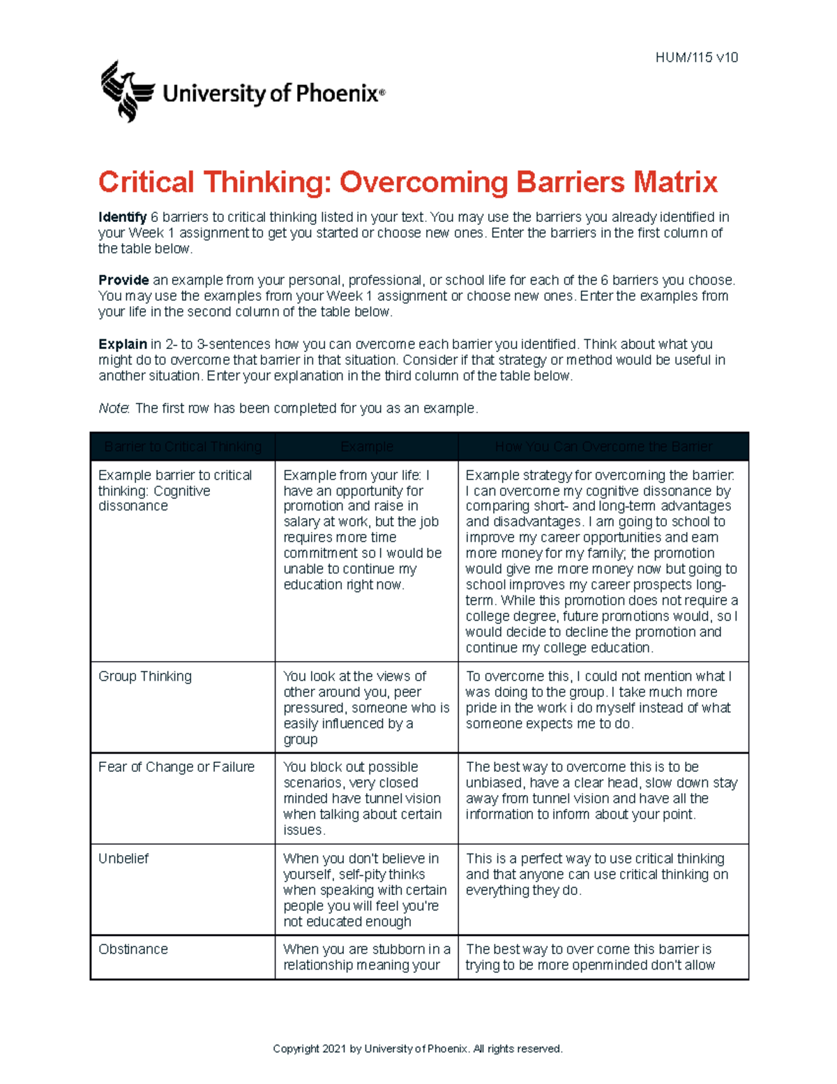 Overcoming barriers matrix - HUM/115 v Critical Thinking: Overcoming ...