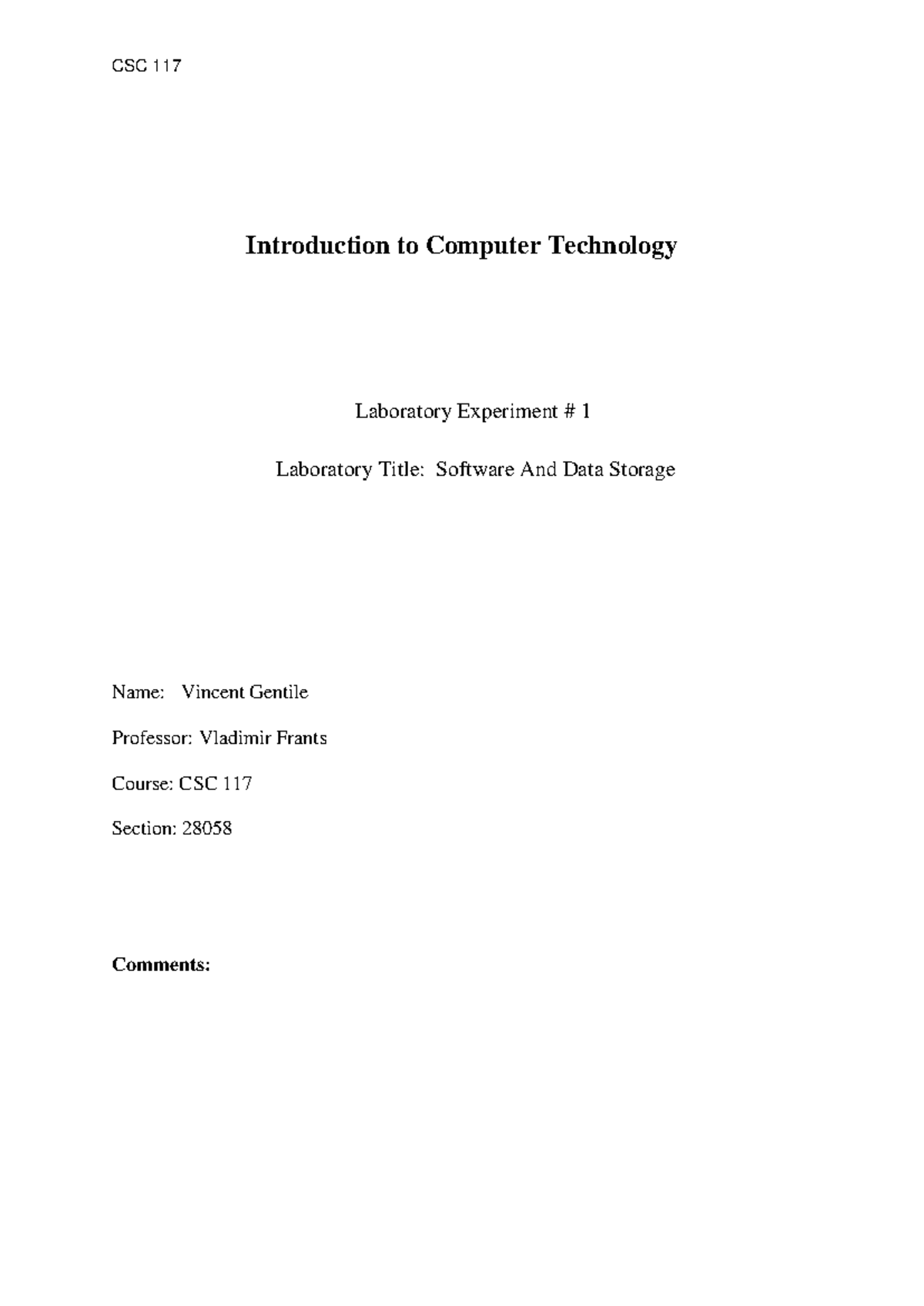 Lab 1 - Lab 1 - Introduction to Computer Technology Laboratory Experiment # 1 Laboratory Title ...