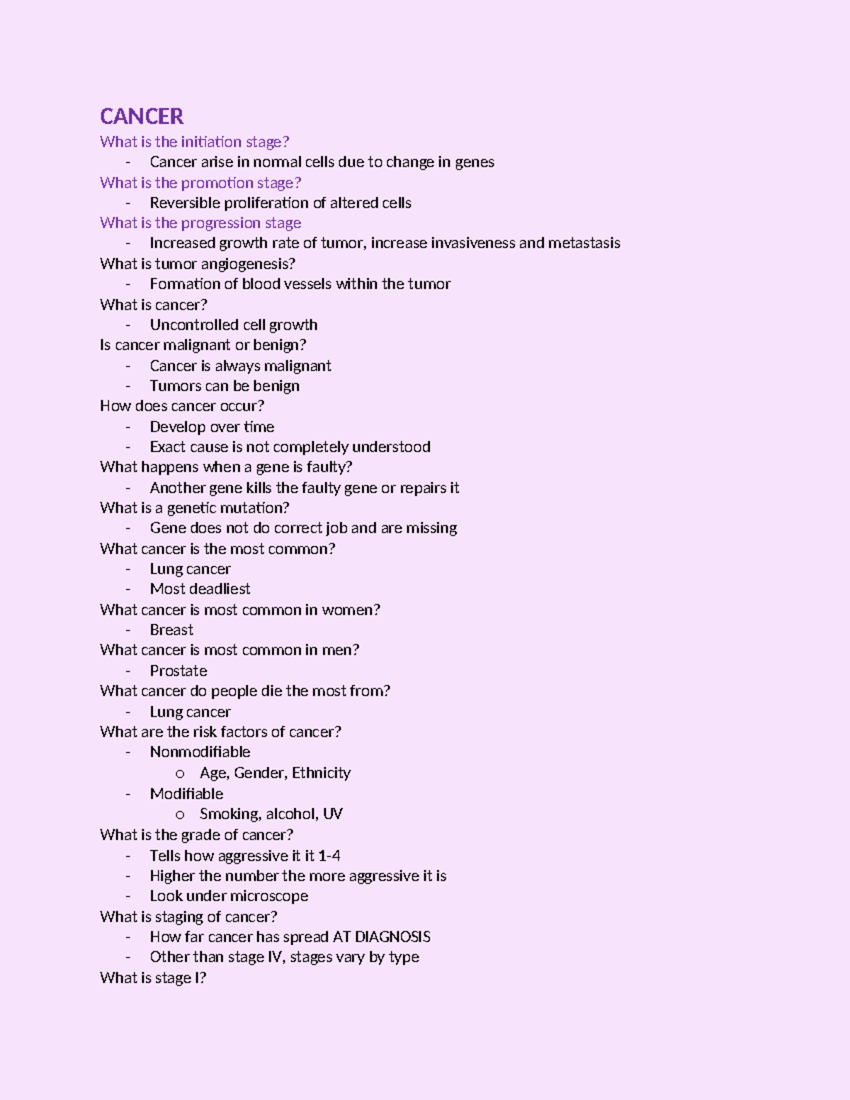 Cancer - note - CANCER What is the initiation stage? - Cancer arise in ...