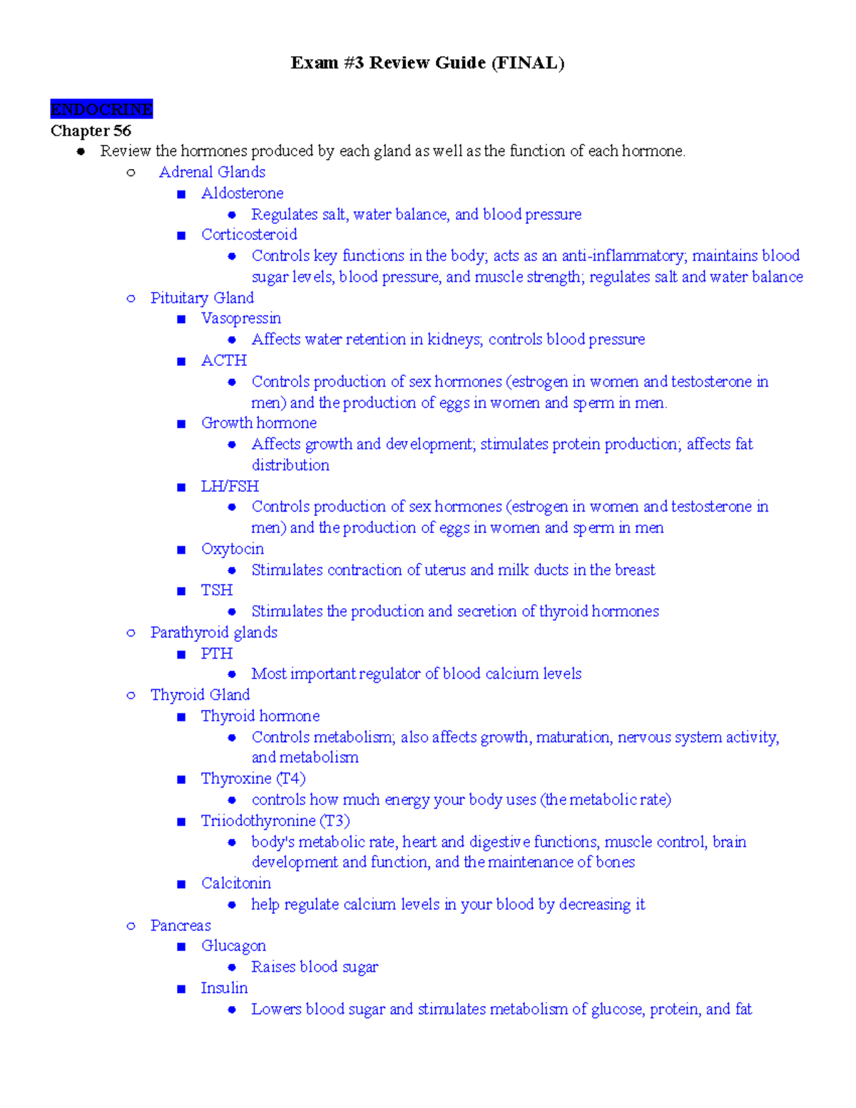 Exam #3 Review Guide ( Final) - Exam #3 Review Guide (FINAL) ENDOCRINE ...