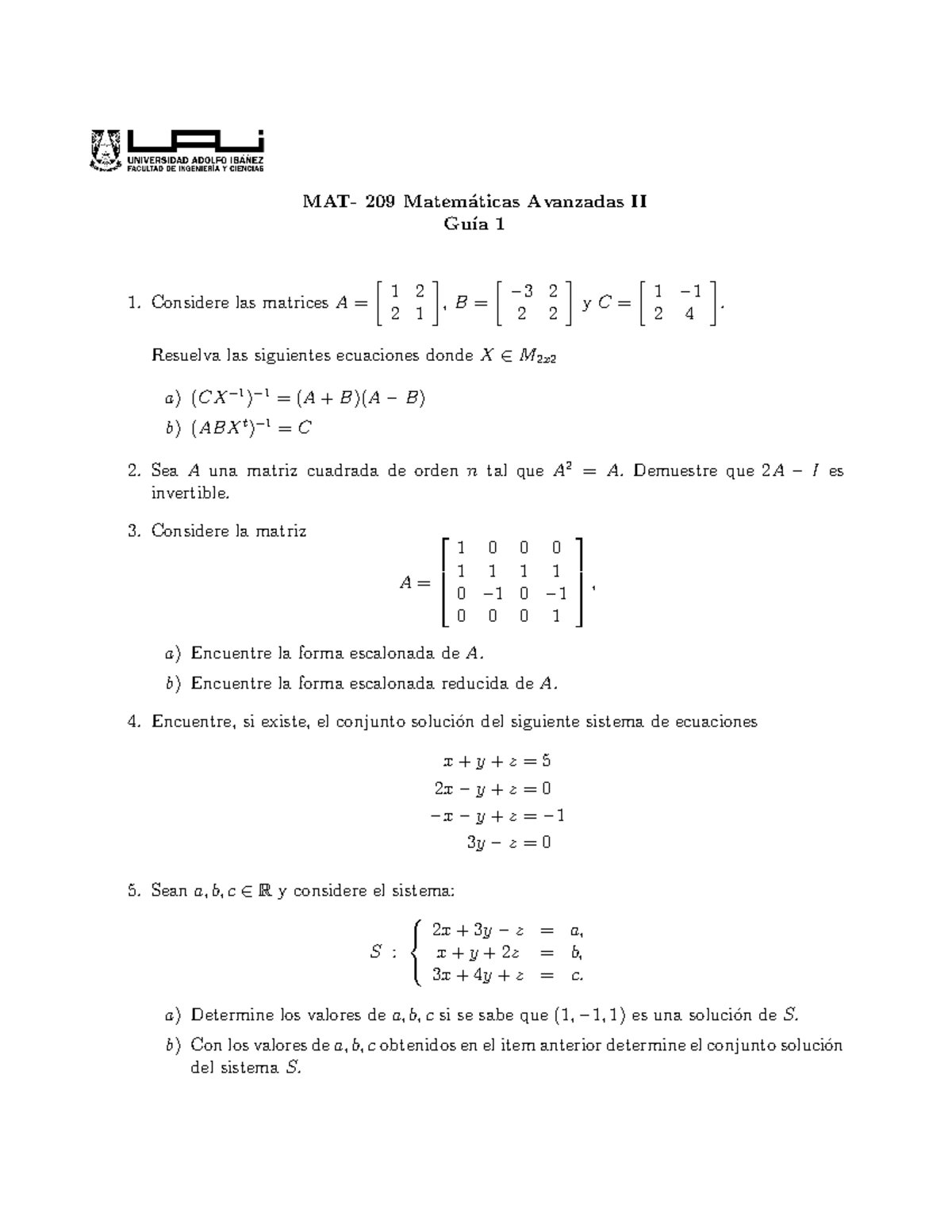 Guia 1 matrices - muy buena - MAT- 209 Matem ́aticas Avanzadas II Gu ...