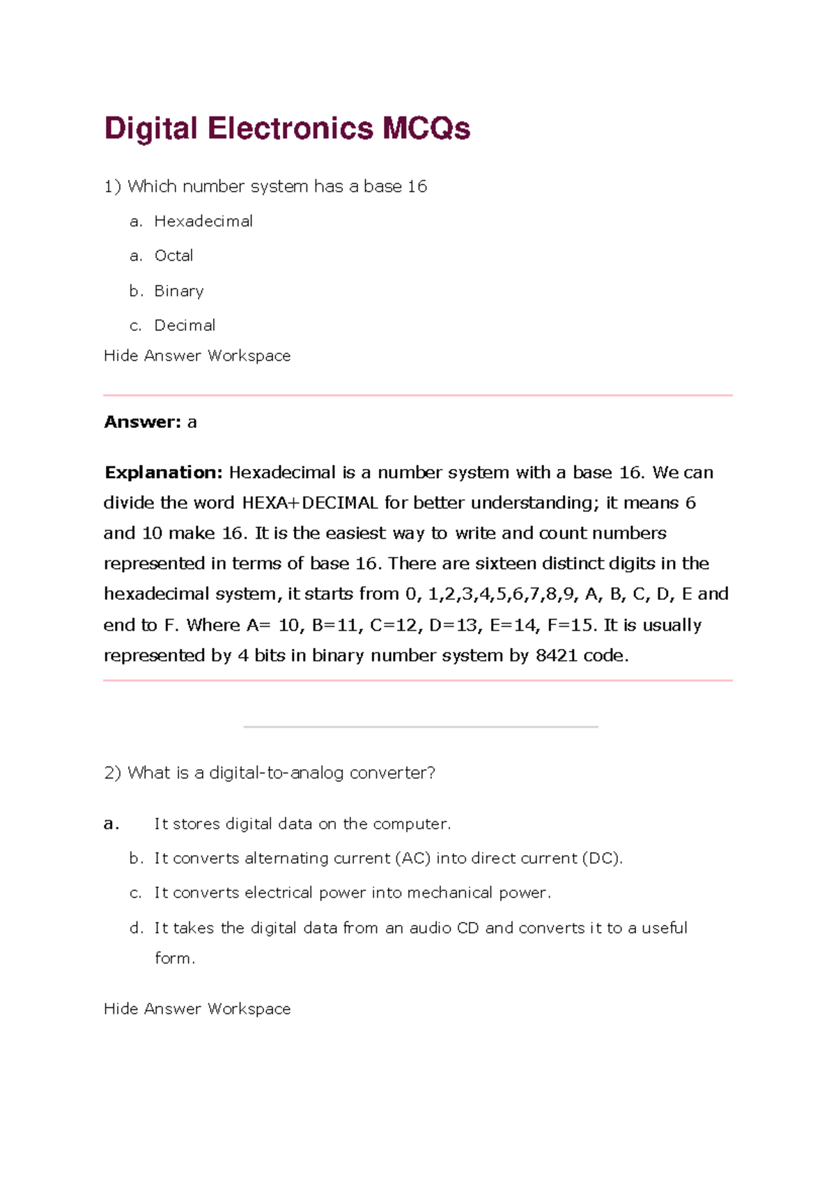 Digital Electronics-1 - Hexadecimal a. Octal b. Binary c. Decimal Hide ...