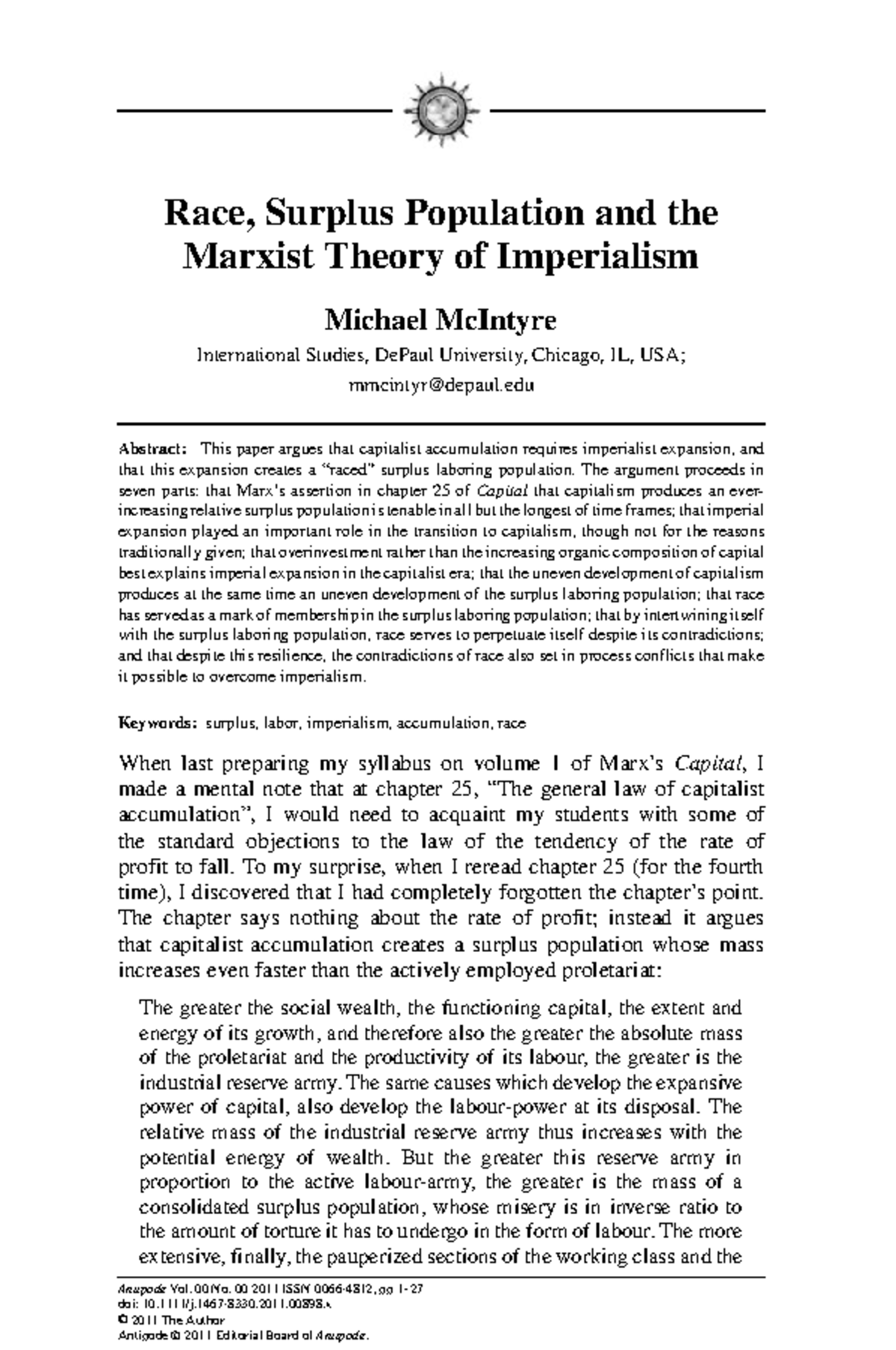 Race Surplus Population and the Marxist - Race, Surplus Population and ...