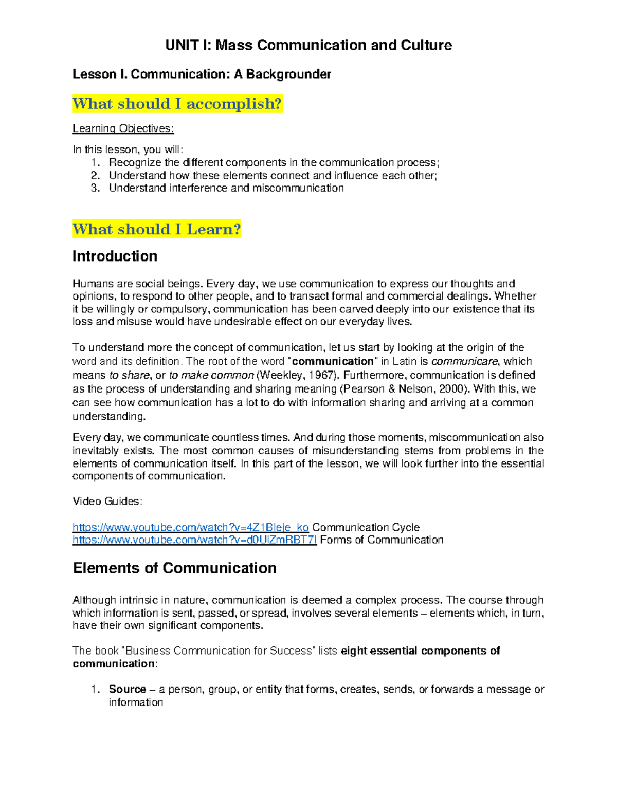 MIL UNIT I - Lesson 1 - CTRO - UNIT I: Mass Communication and Culture ...